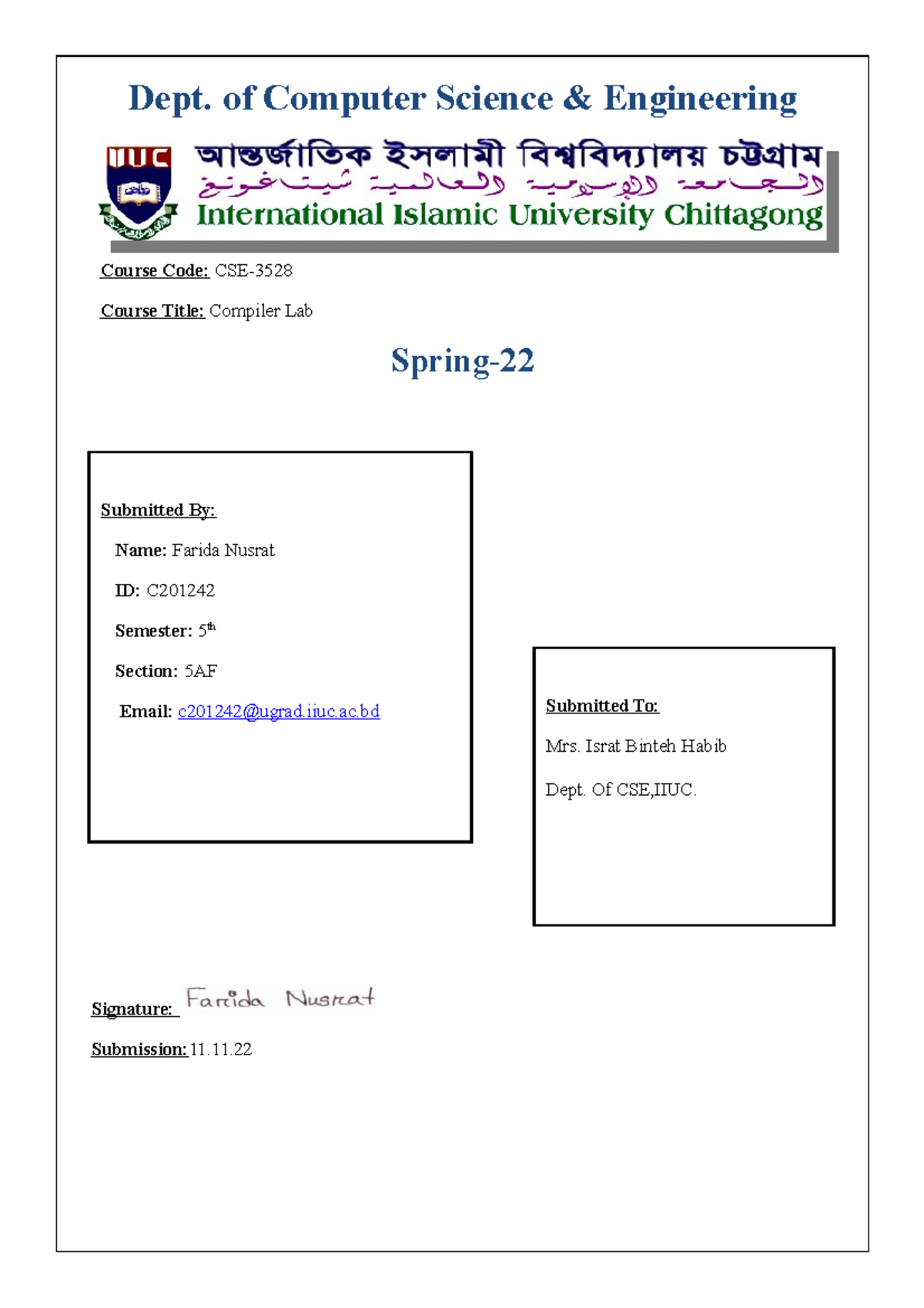 Lab 8 - Lab report(compiler) - Dept. of Computer Science & Engineering Course Code: CSE- Course ...