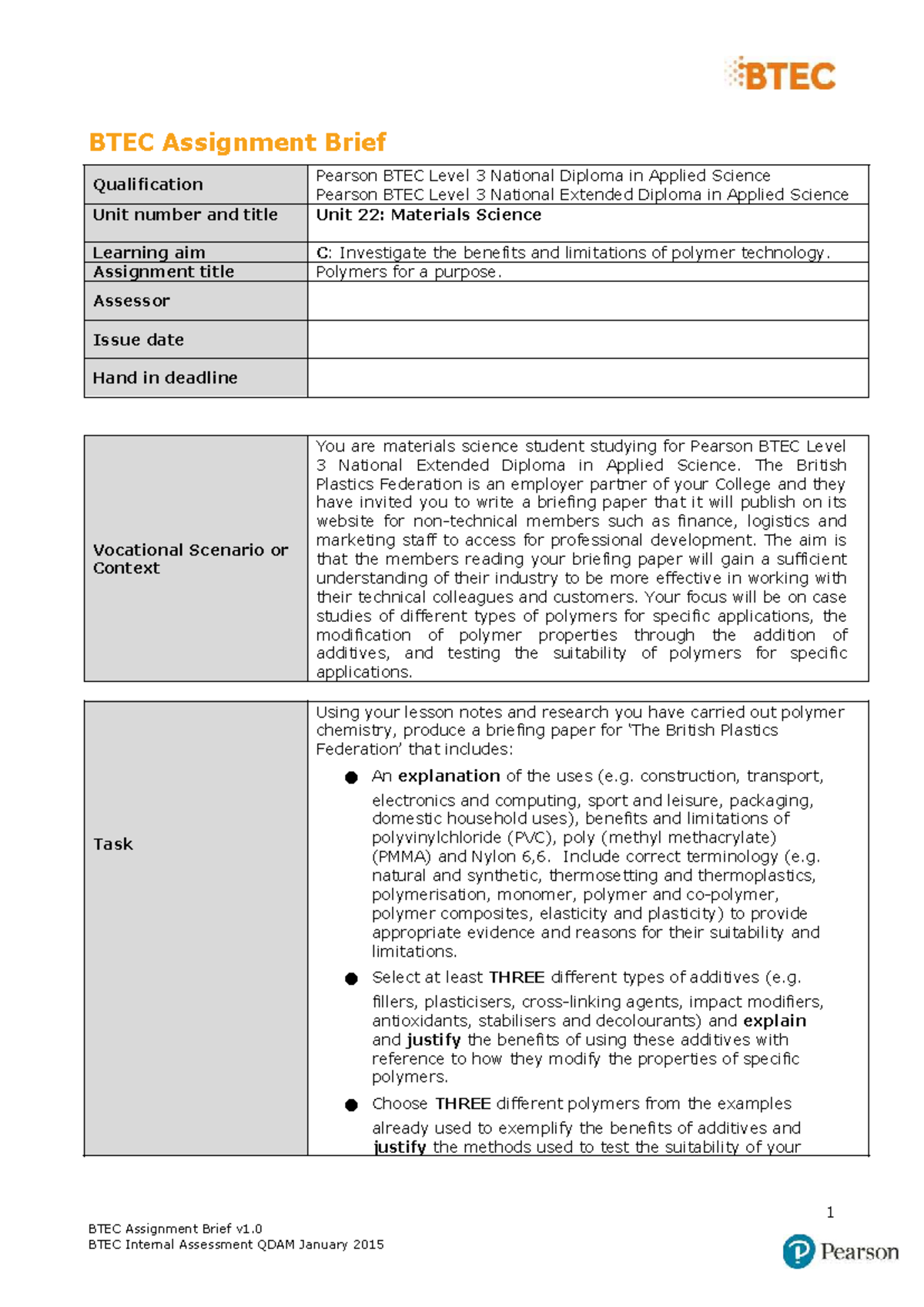 Unit 22: Materials Science Assignment Brief - Polymer Technology ...