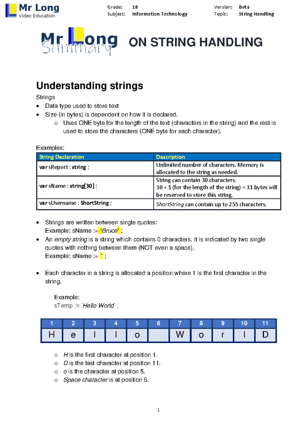 String Handling IT101 Summary by Mr Long: Key Concepts & Functions - Studocu