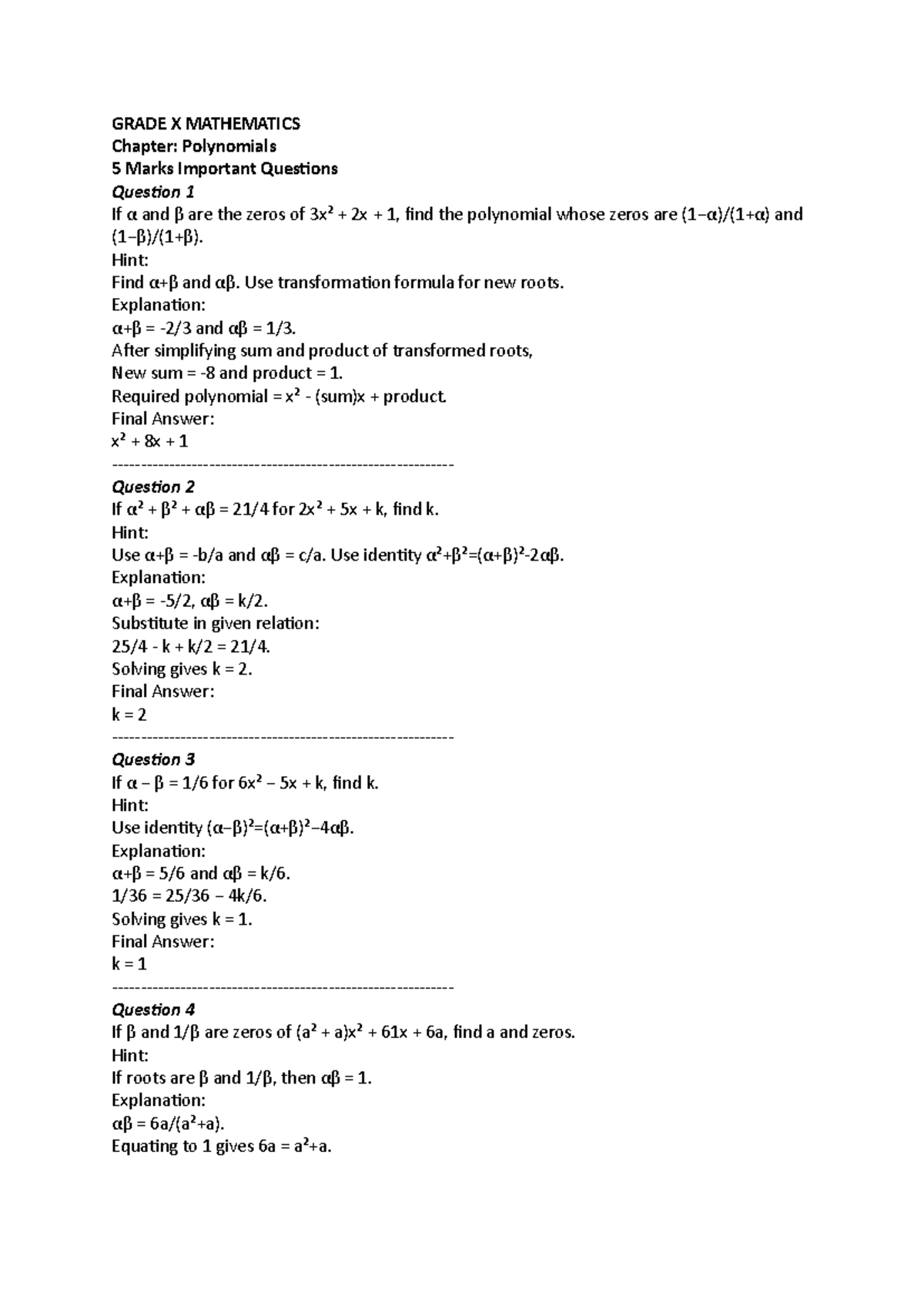 X MATHEMATICS Chapter: Polynomials & Linear Equations Important 5 Marks ...