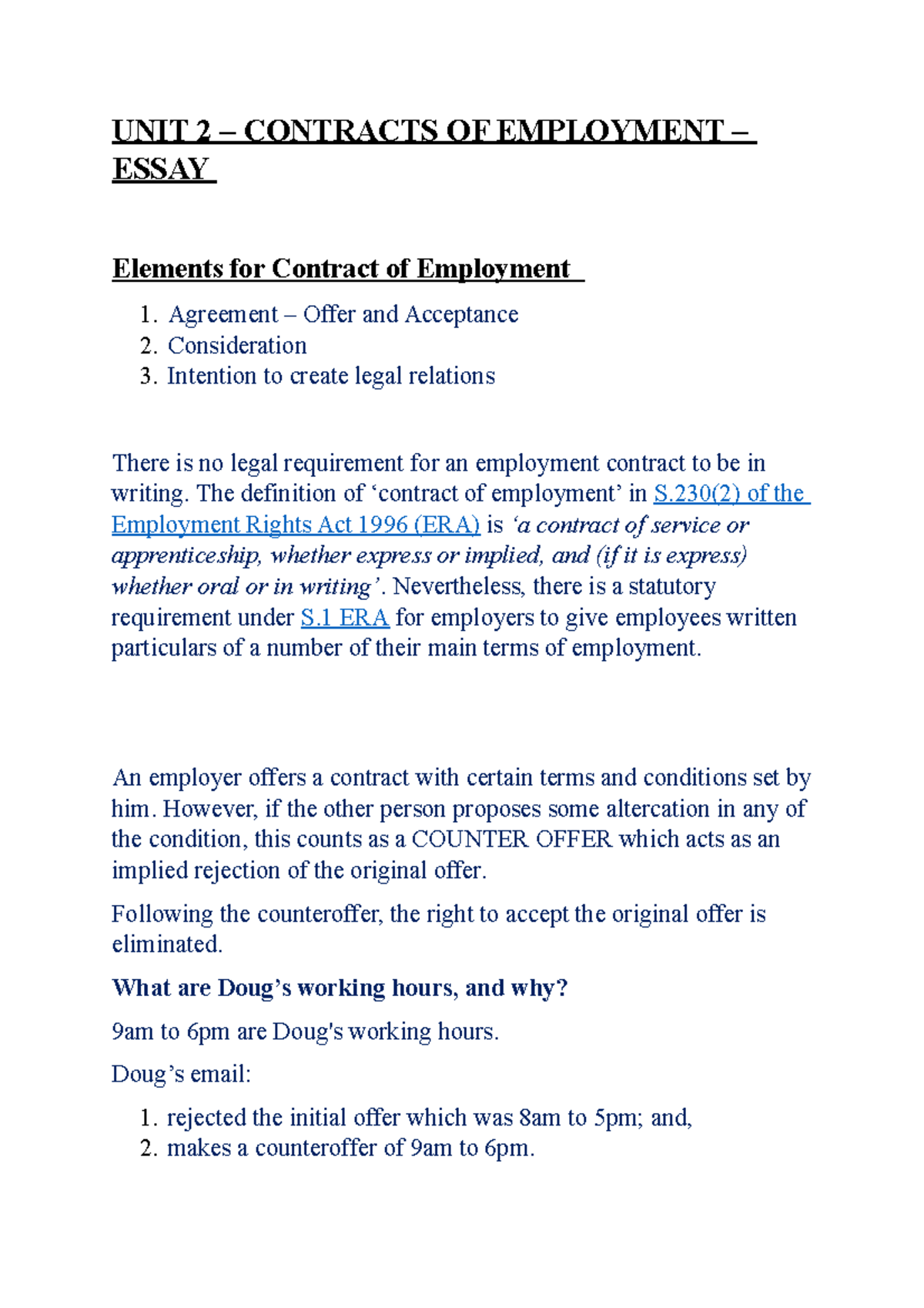 UNIT 2 Tems of Contract Essay - UNIT 2 – CONTRACTS OF EMPLOYMENT ...
