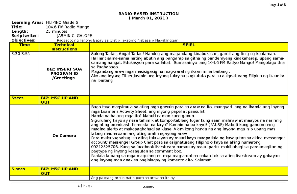 Q1 LE GMRC 5 Lesson 1 Week 1: Pilot Implementation of MATATAG K to 10 Curriculum - Studocu
