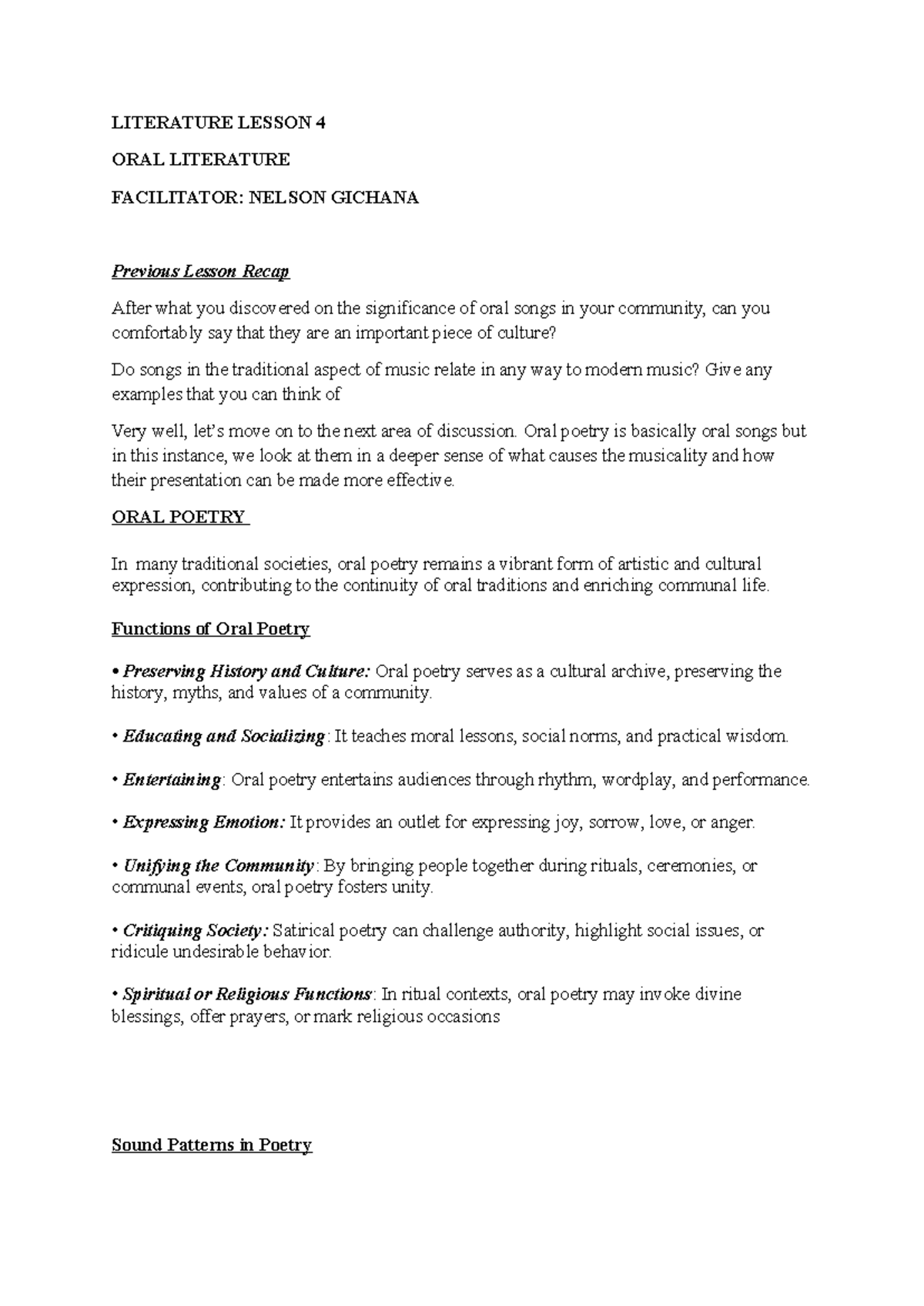 HSR Literature Lesson 4: Exploring Oral Poetry and Its Functions - Studocu