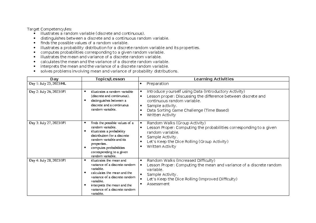 Competencies - Target Competency/ies: illustrates a random variable ...