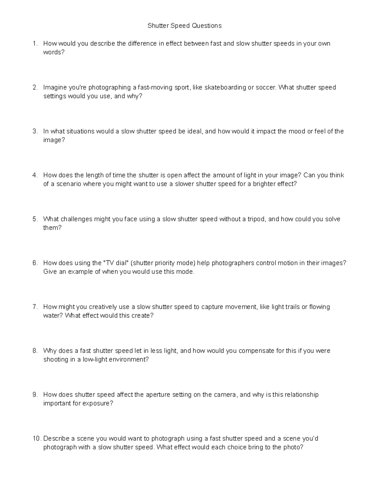 Shutter Speed Q&A: Effects, Settings, and Creative Uses - Studocu