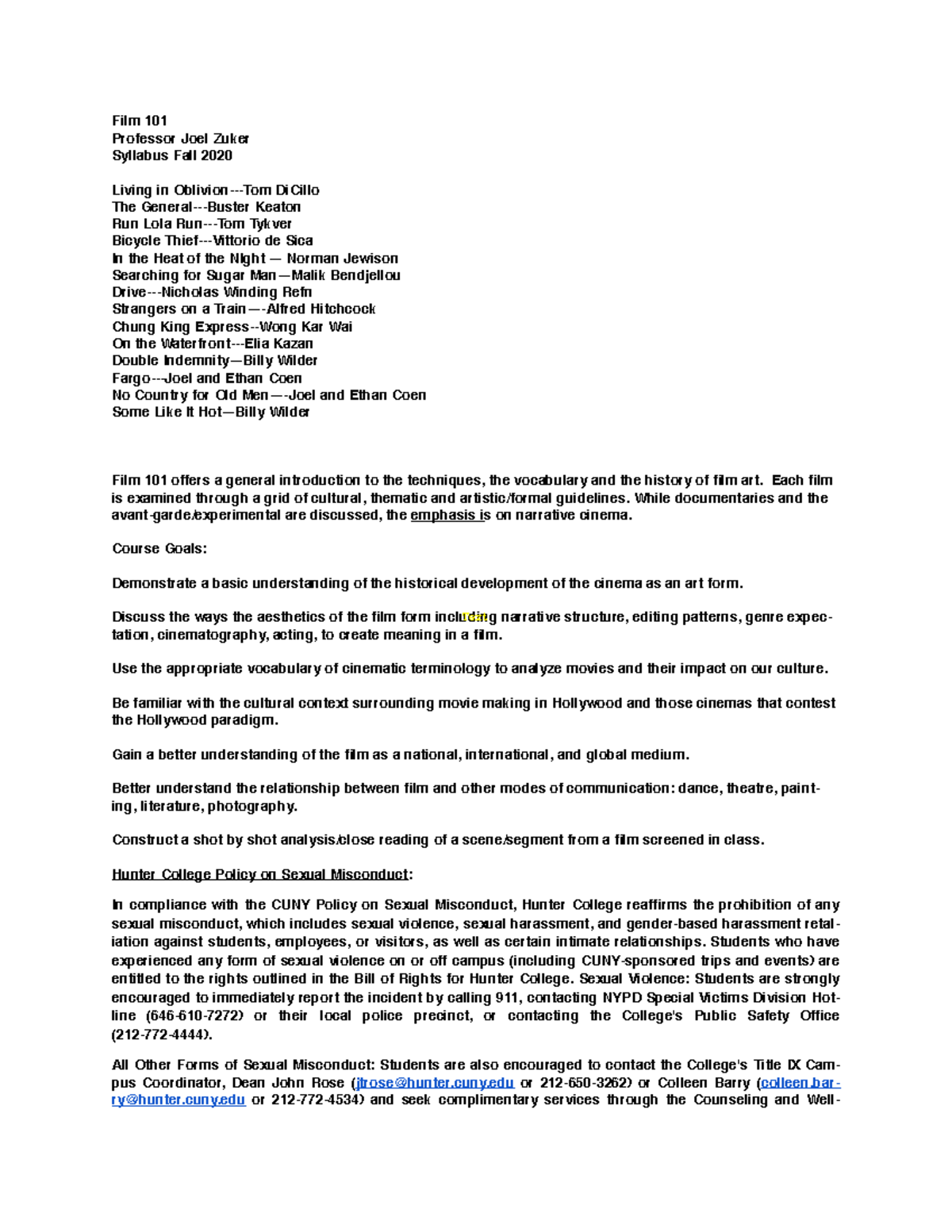 FILM 101: Fall 2020 Lecture Syllabus & Course Overview - Studocu