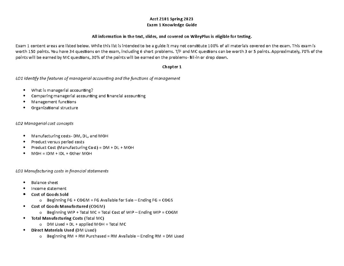 Acct 2101 Spring 2023 Exam 1 Knowledge Guide and Study Notes - Studocu