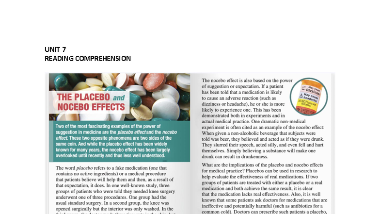 UNIT 7 Reading Comprehension: Placebo and Nocebo Effects Explained ...