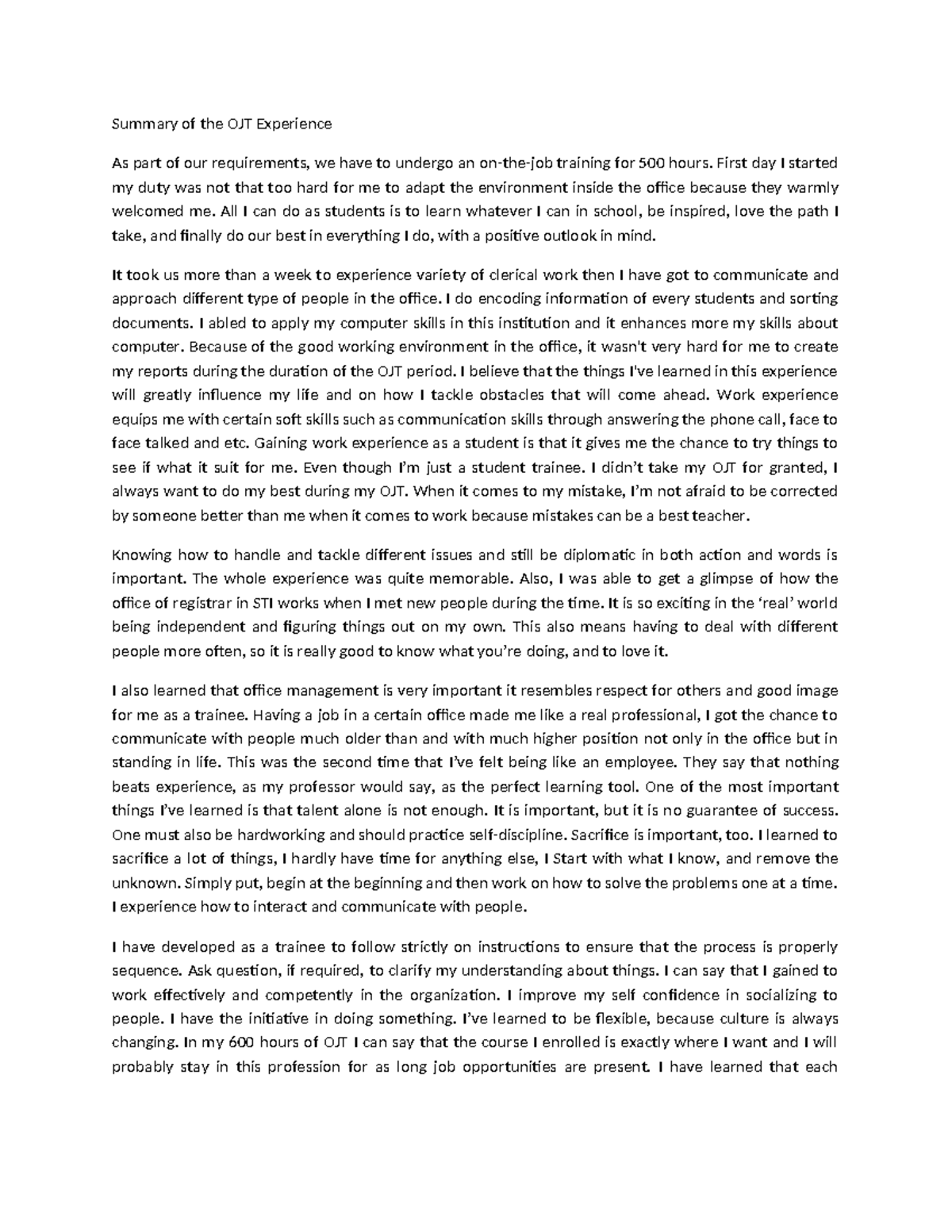 OJT Experience Reflection: Insights from My 600-Hour Internship - Studocu