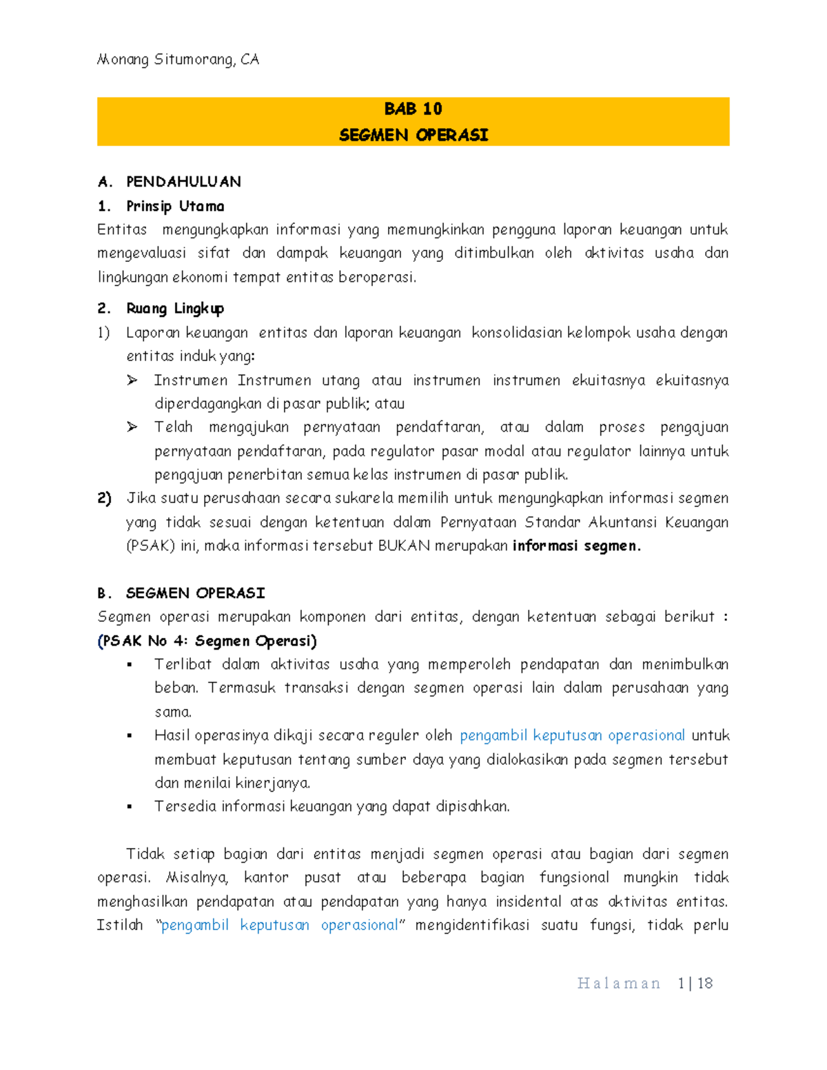 Laporan Segmen Operasi dan Evaluasi Kinerja (PSAK No 4) - Studocu