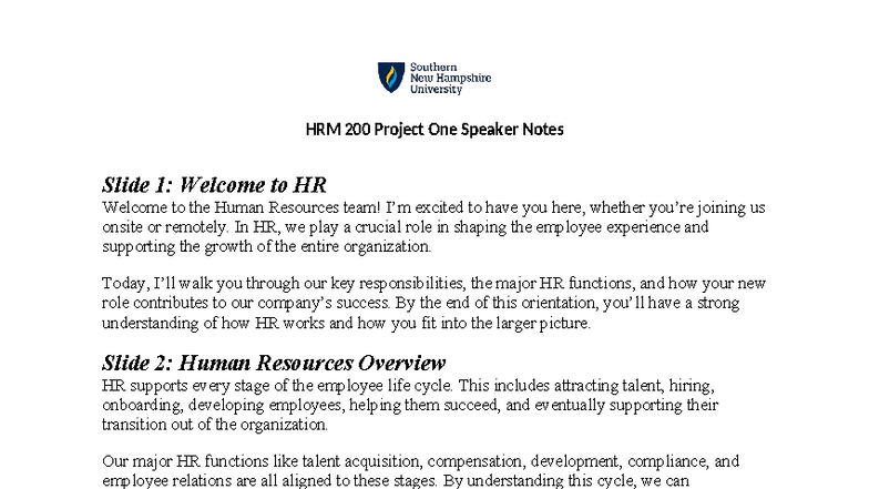HRM 200 Project One: Speaker Notes for HR Orientation - Studocu
