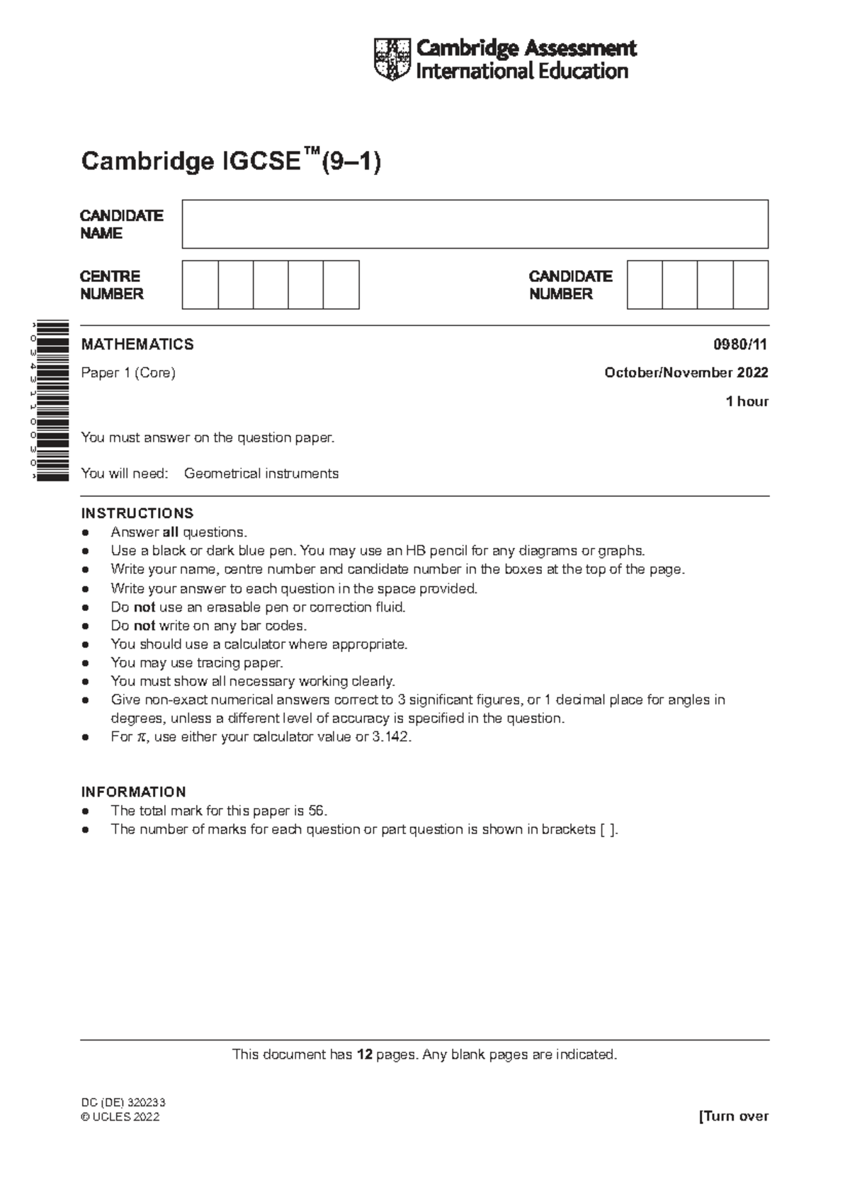Cambridge 0980/03 Mathematics 2022 Paper 1 (Core) Exam Guide - Studocu