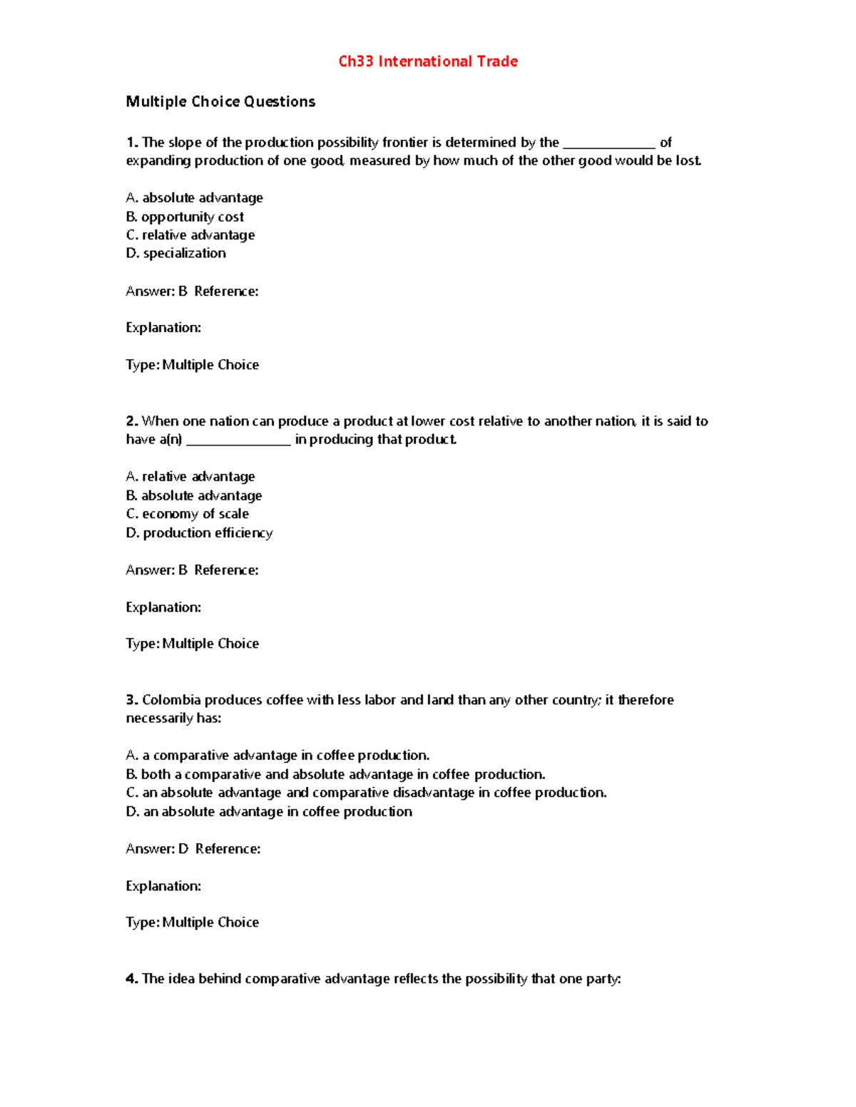 Ch33 International Trade: Multiple Choice Questions & Essay Insights ...