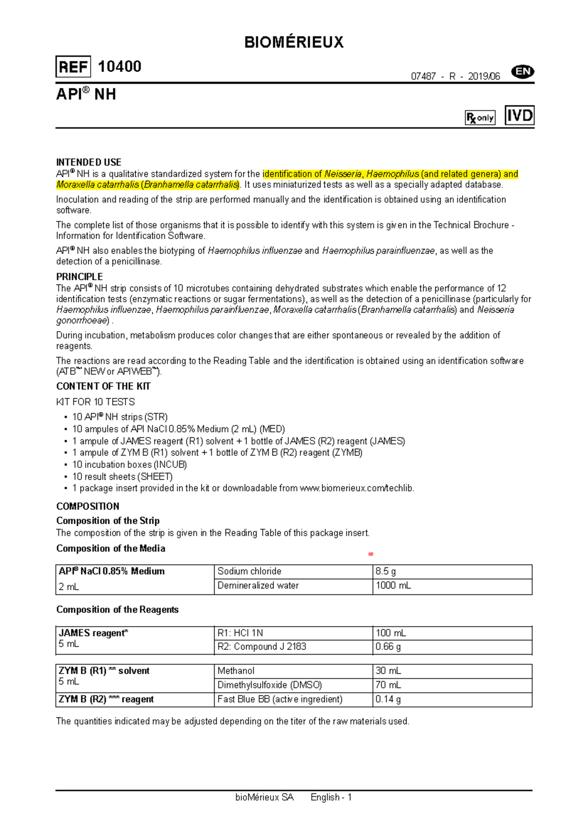 BIOMÉRIEUX 10400 07487 R API NH Package Insert and Instructions - Studocu