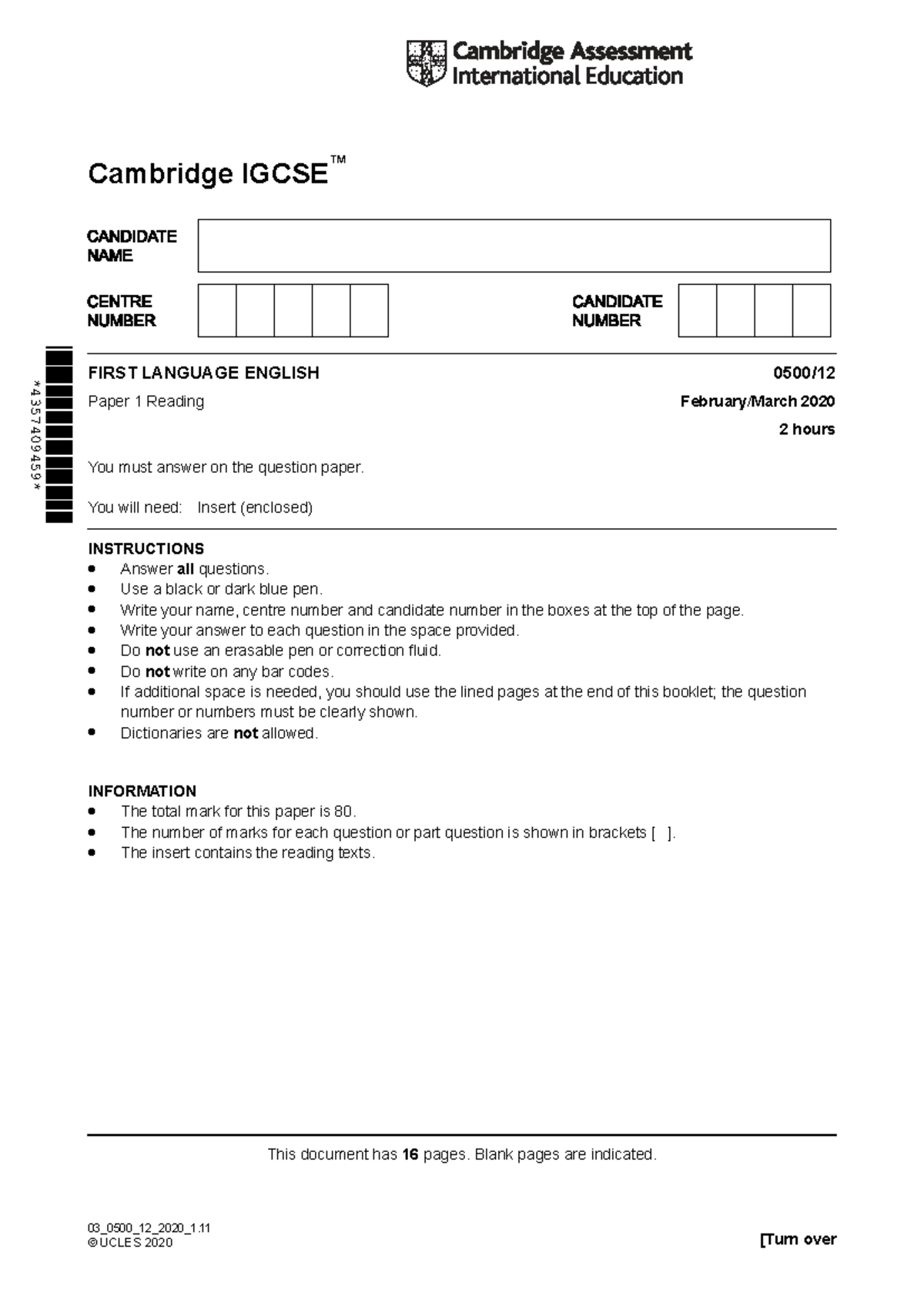 Cambridge IGCSE 0500/12/2020 Paper 1 Reading Exam Instructions - Studocu