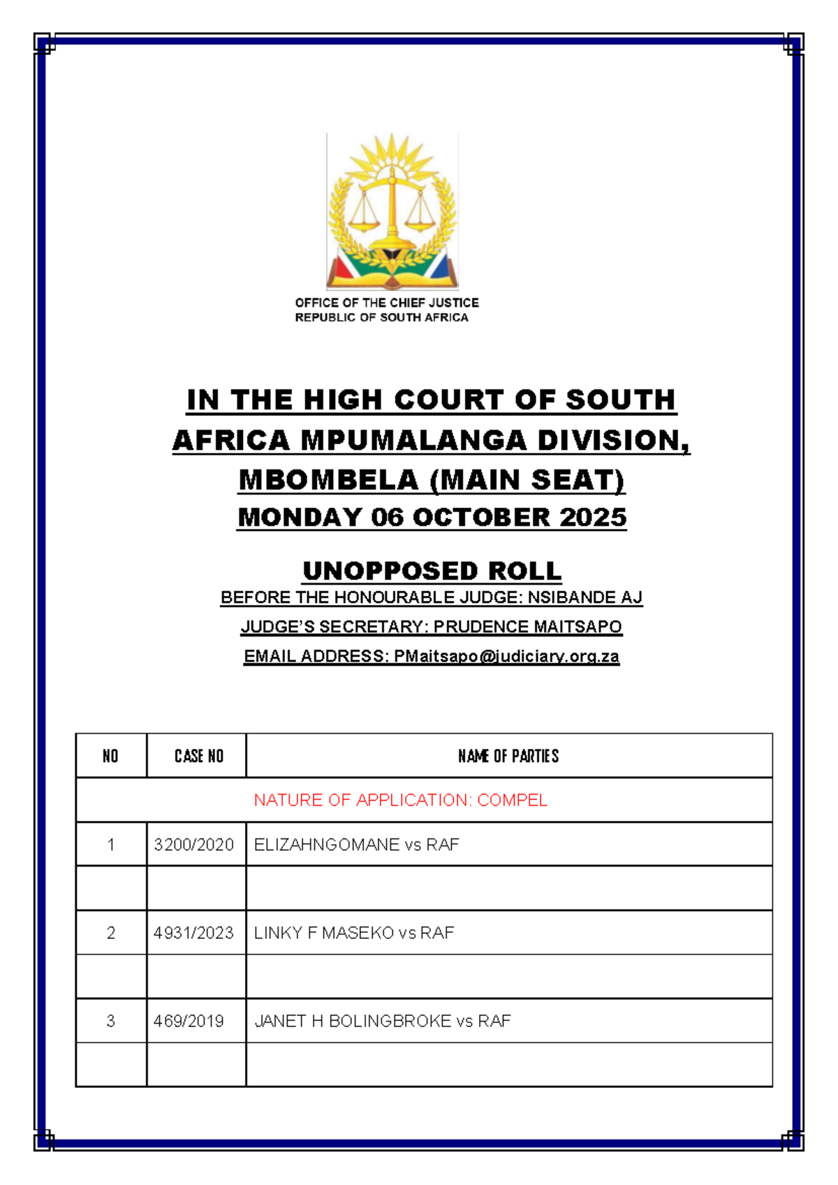 Unopposed Roll for High Court of South Africa (MPUMALANGA) - 06 Oct ...