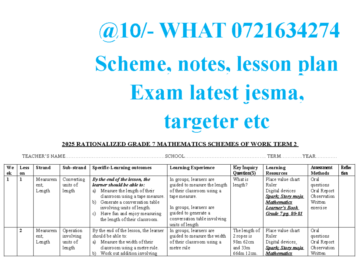 0721634274 Grade 7 Mathematics Term 2 Scheme of Work and Lesson Plans ...