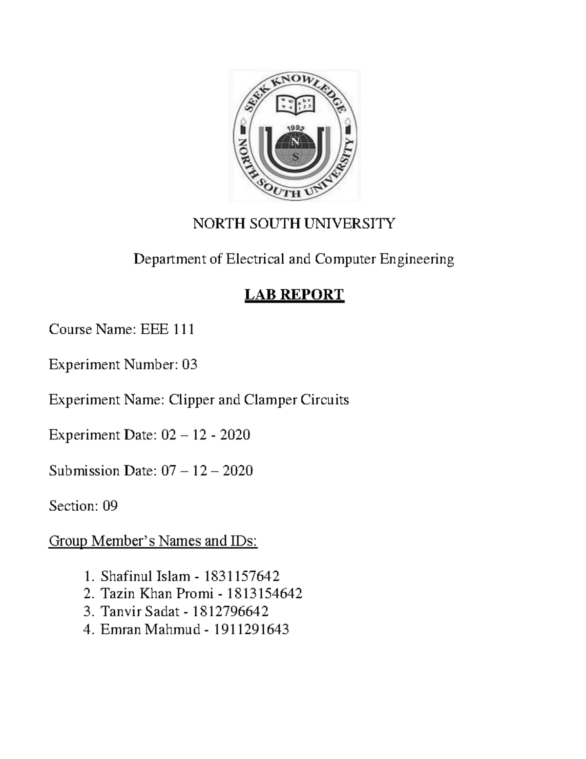 EEE111 Lab Report on Clipper and Clamper Circuits (Experiment 03) - Studocu