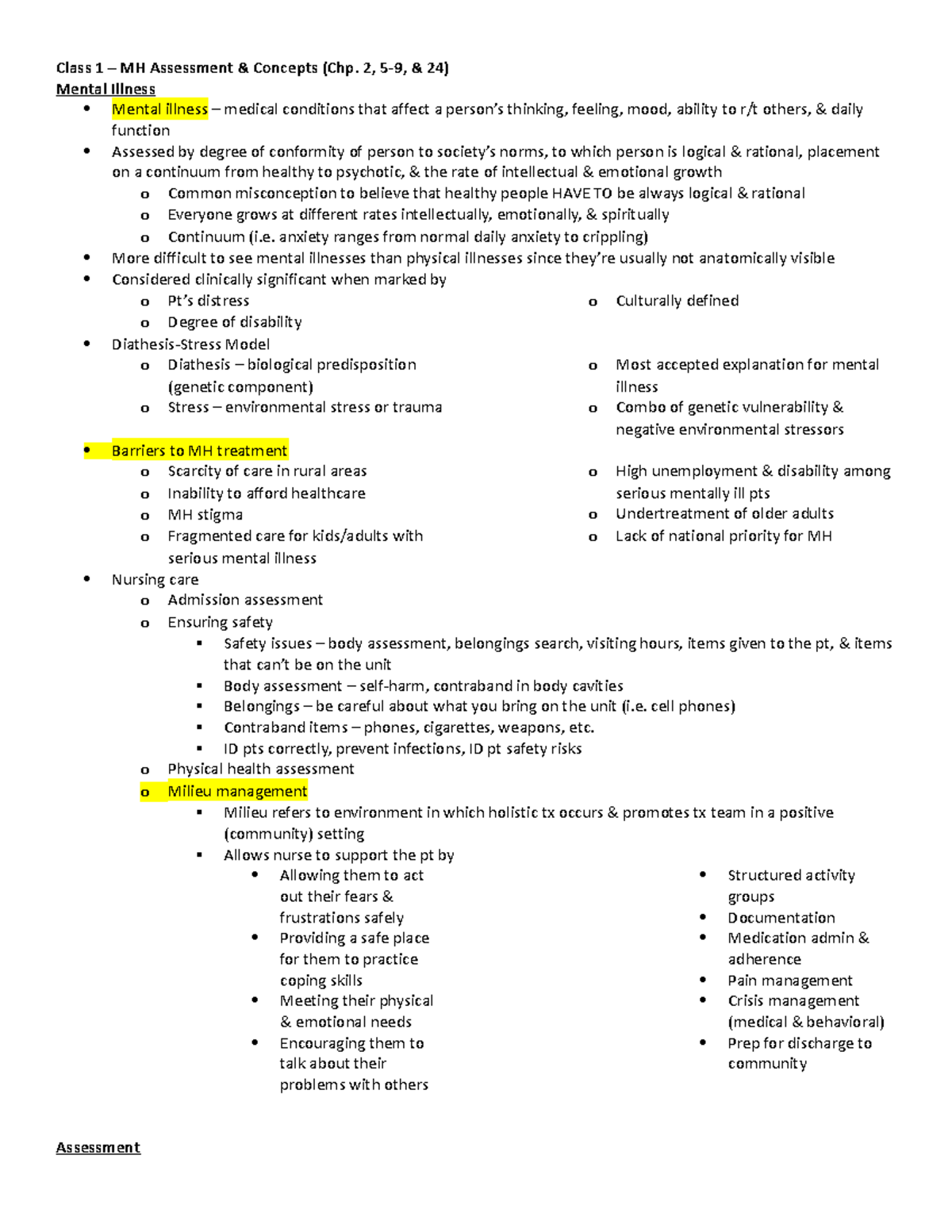 Class 1: Mental Health Assessment and Key Concepts Overview - Studocu