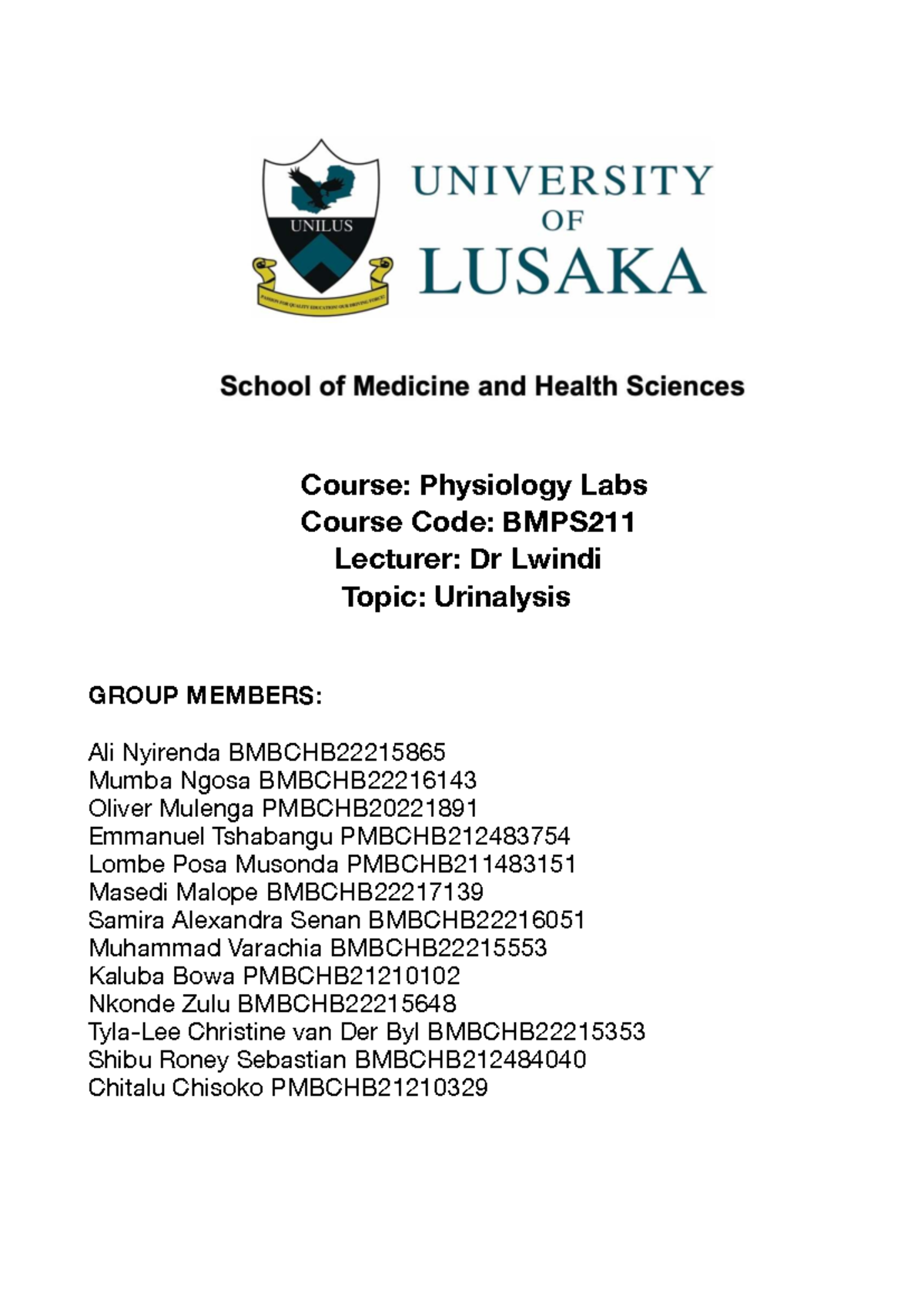 Urinalysis Lab Report - BMPS211: Analysis of Urine Samples - Studocu