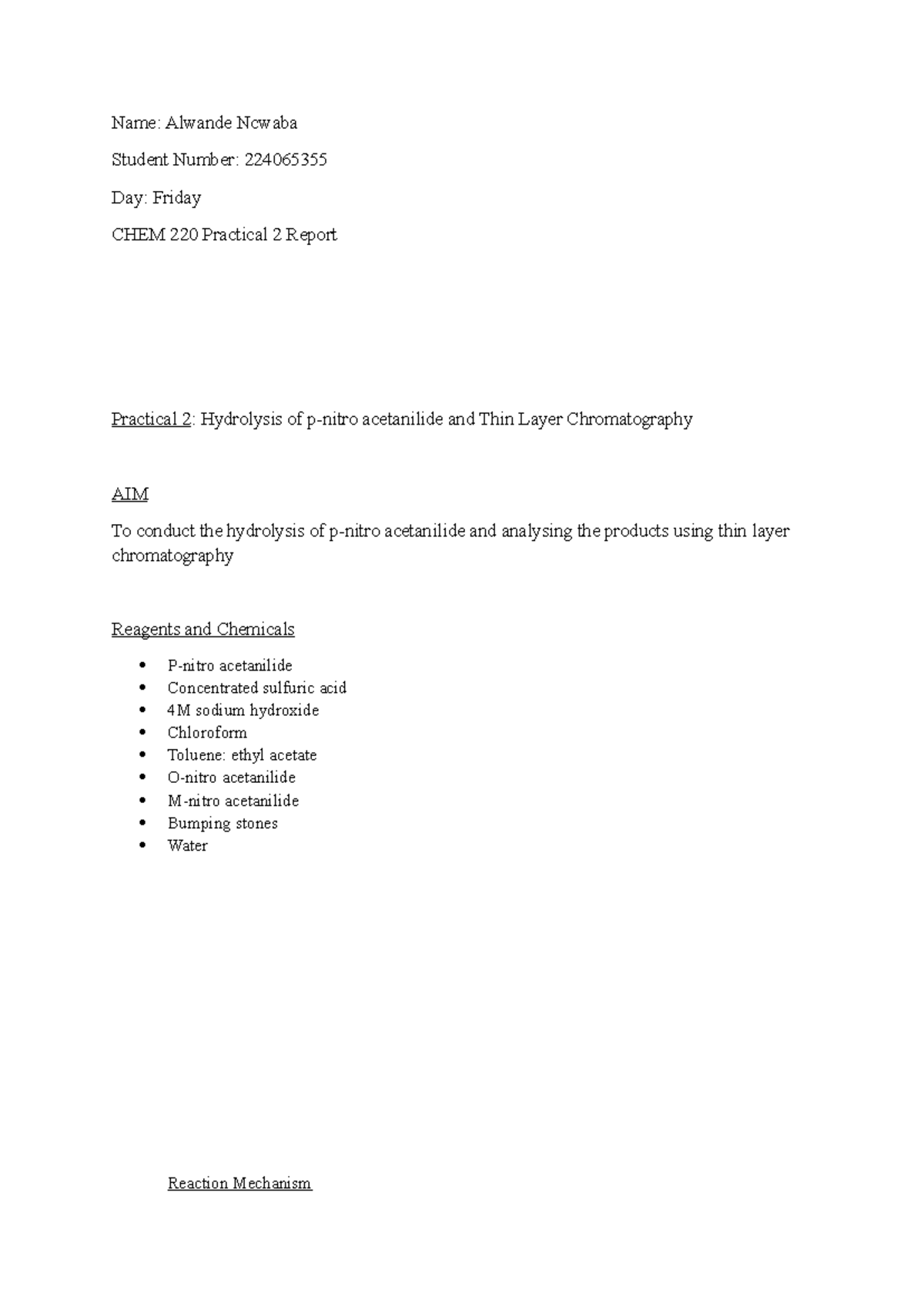 Chem 220 practical 2 report: Hydrolysis of acetanilide and TLC analysis ...