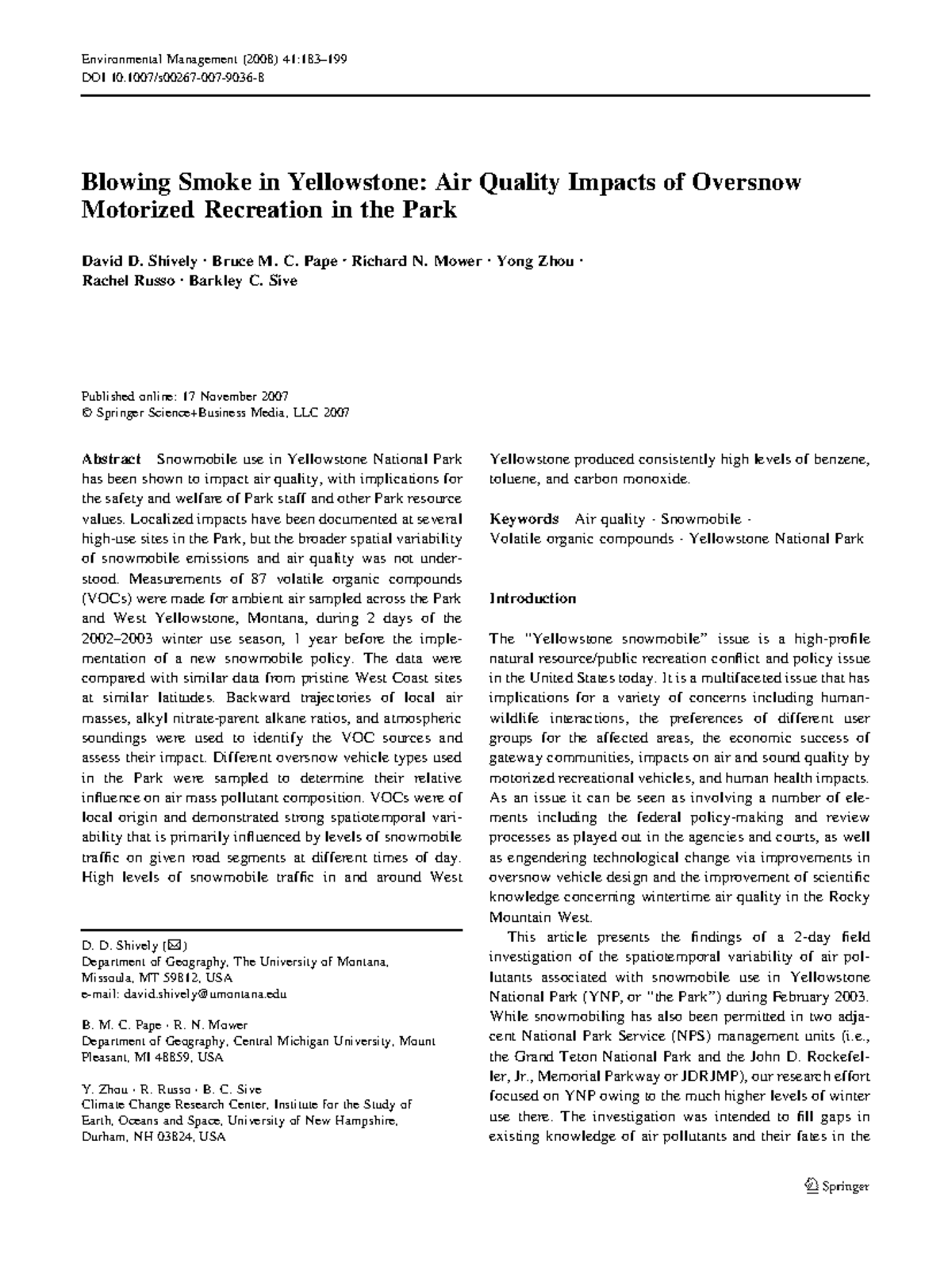 Blowing Smoke in Yellowstone: Air Quality Impacts of Snowmobile Use in ...