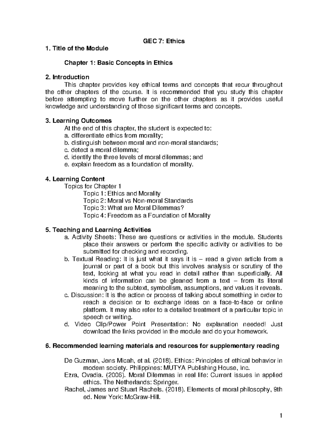 GEC7 - Ethics Module: Key Concepts and Learning Outcomes Overview - Studocu