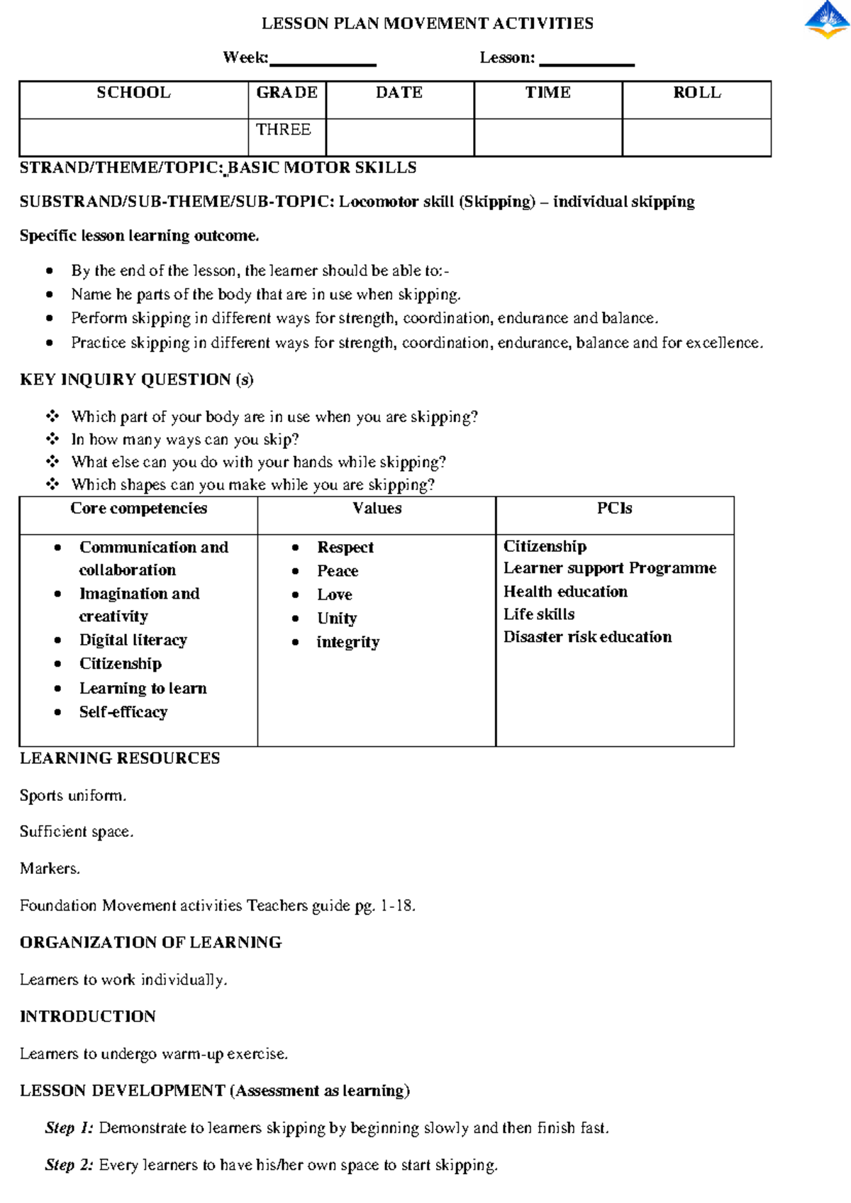 Grade 3 Movement Activities Lesson Plan: Basic Motor Skills - Studocu