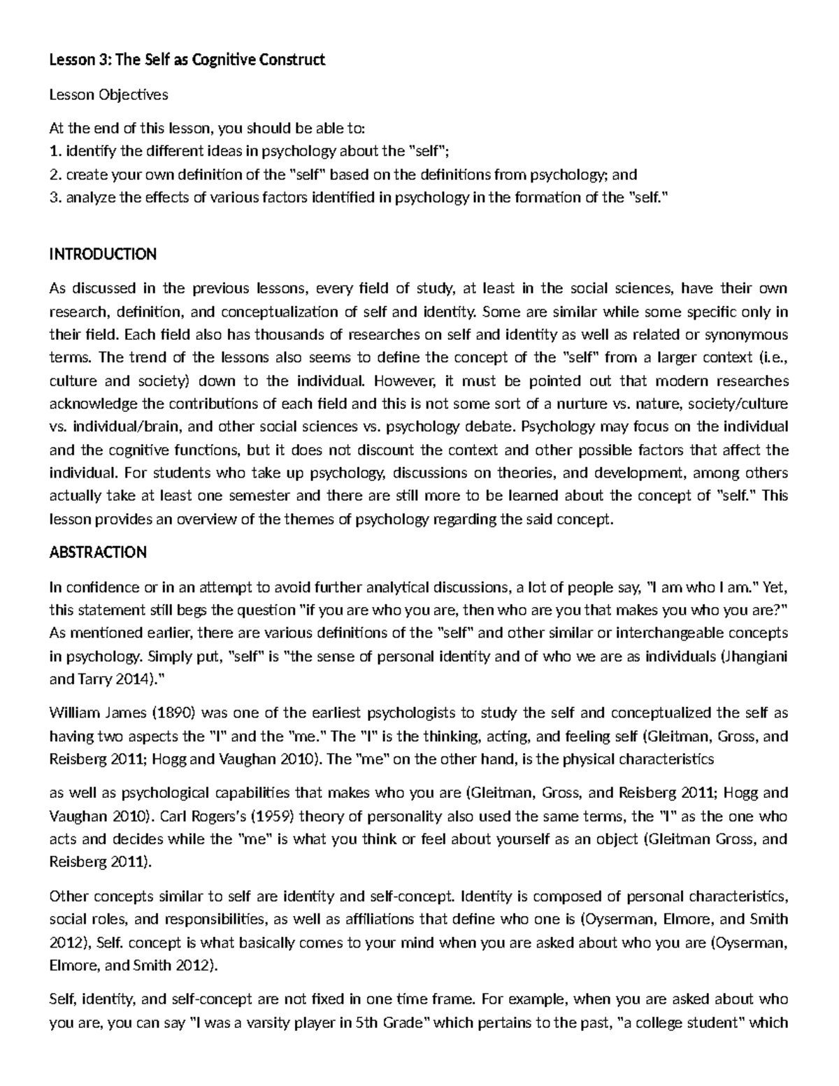 Psychology 101 Lesson 3 The Self As Cognitive Construct Studocu