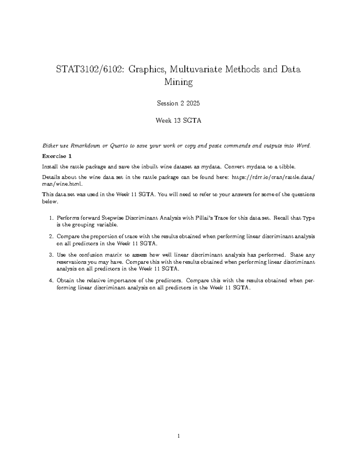 Graphics, Multivariate Methods & Data Mining SGTA Week 13 2025 - Studocu