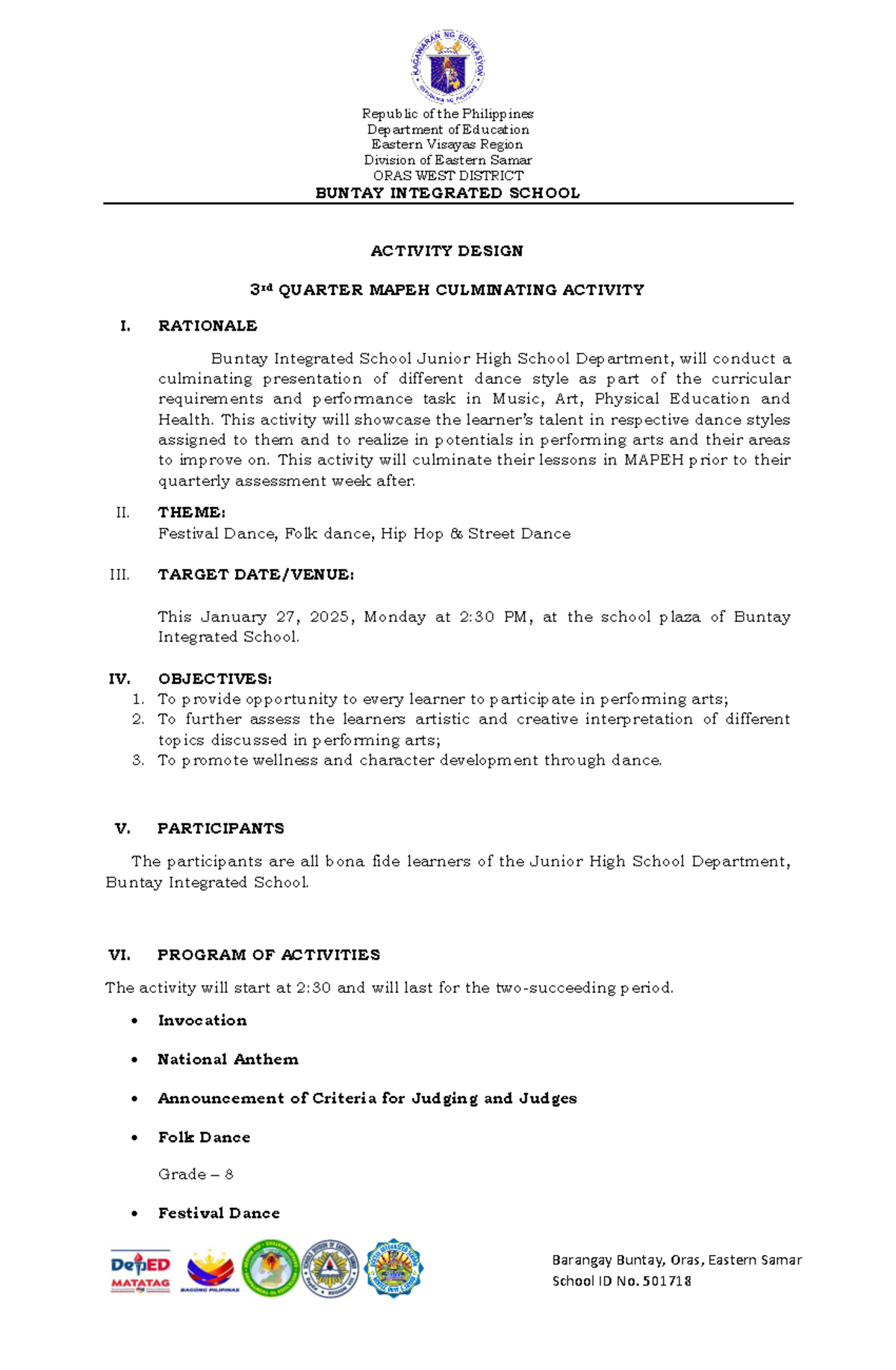 MAPEH 3rd Quarter Culminating Activity Design 2024-2025 - Studocu