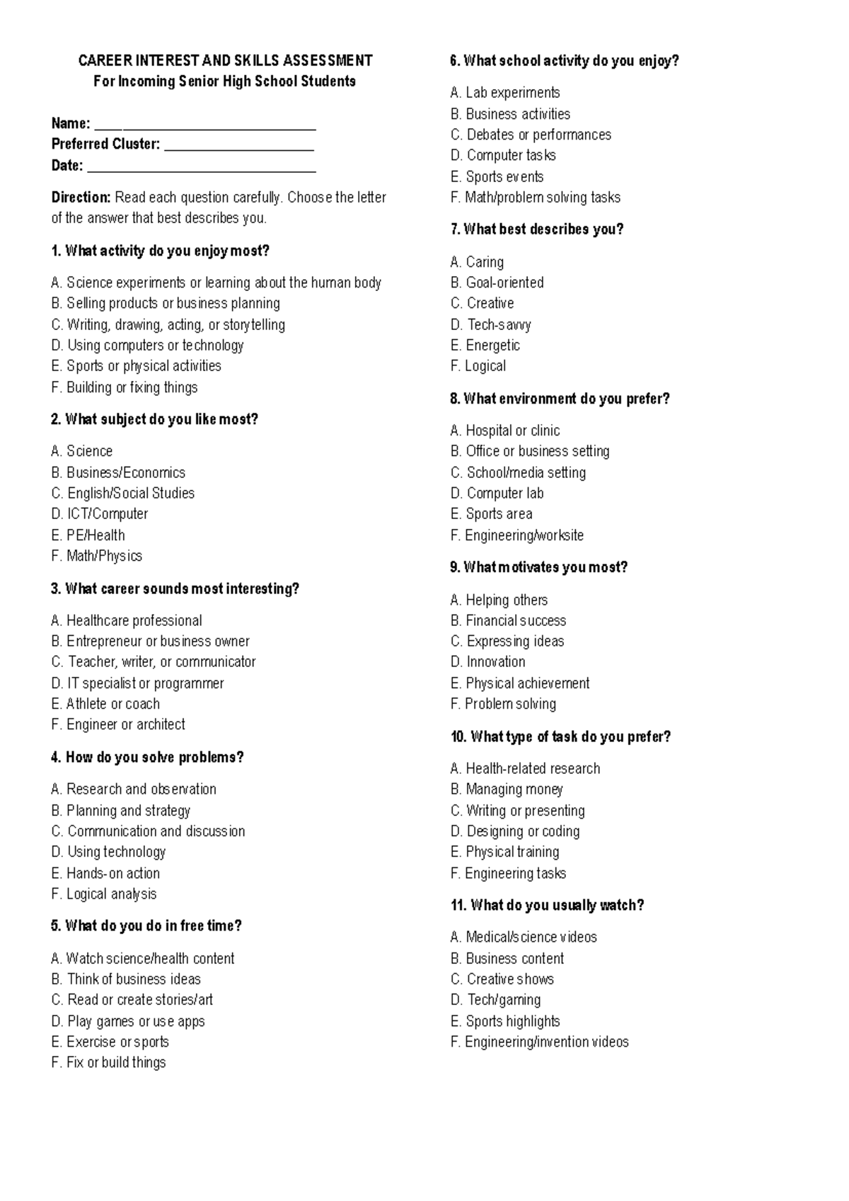 SHS-CISA - Career Interest & Skills Assessment Survey - Studocu
