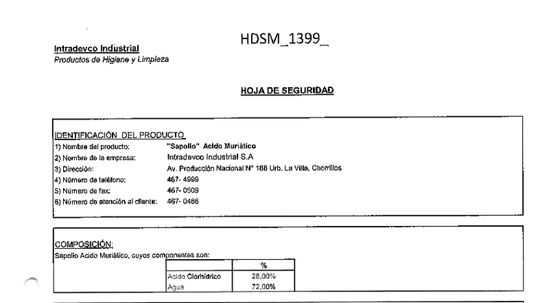 HDSM_1399_Hoja de Seguridad - MSDS Sapolio Ácido Muriático - Studocu