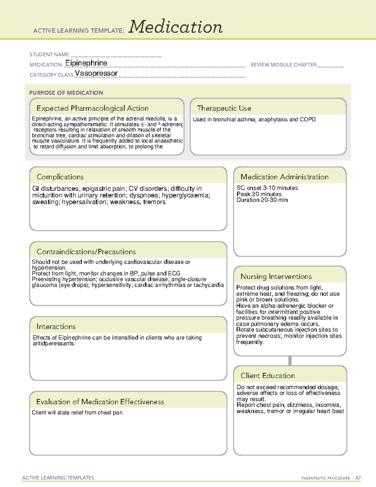 Epinephrine (Medications) - Active Learning Template Overview - Studocu