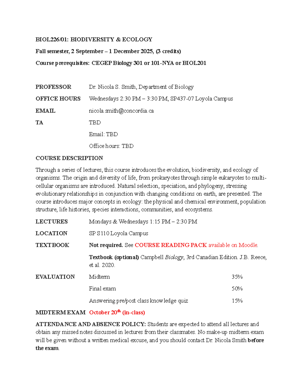 BIOL226 Biodiversity and Ecology Course Syllabus Fall 2025 - Studocu