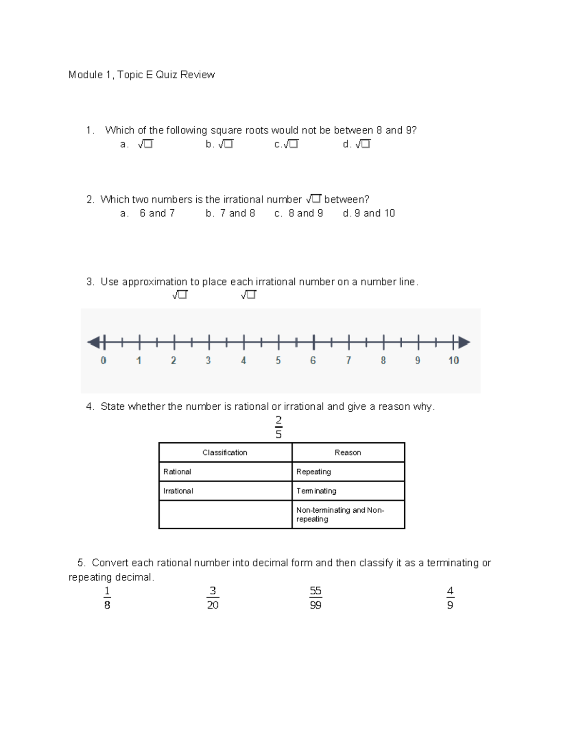Module 1, Topic E Quiz Review: Rational vs. Irrational Numbers - Studocu