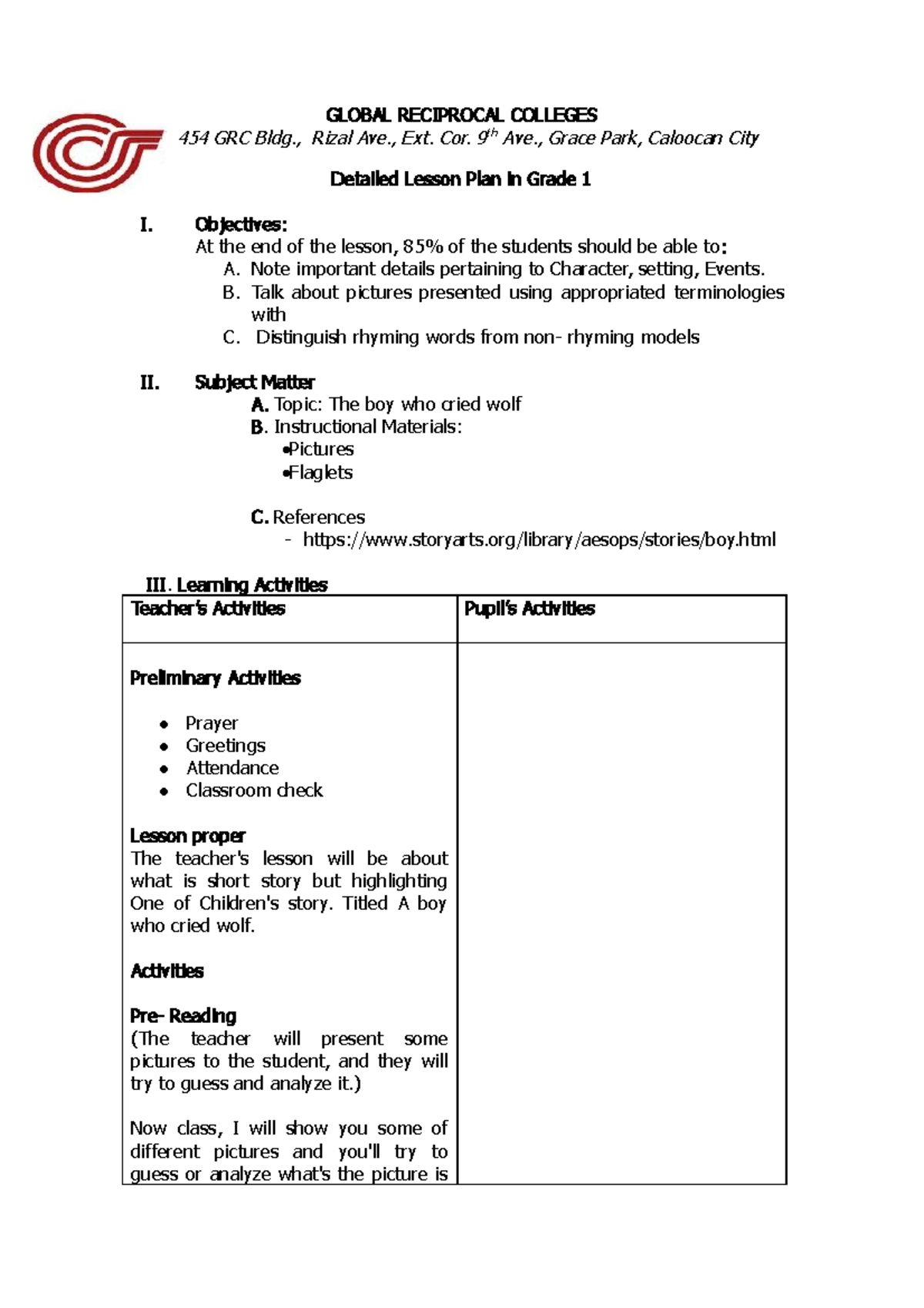 Detailed Lesson Plan for Grade 1: The Boy Who Cried Wolf - Studocu
