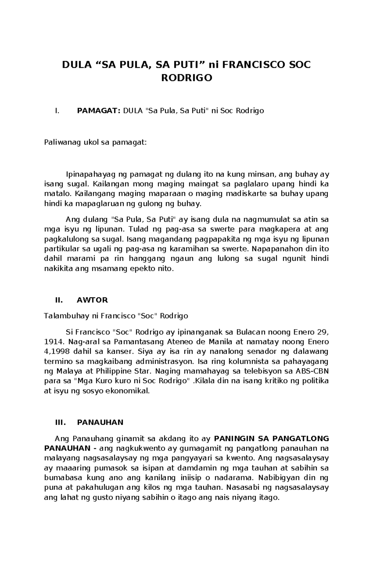 Pagsusuri ng Dulang "Sa Pula, Sa Puti" ni Soc Rodrigo (FIL 101) - Studocu