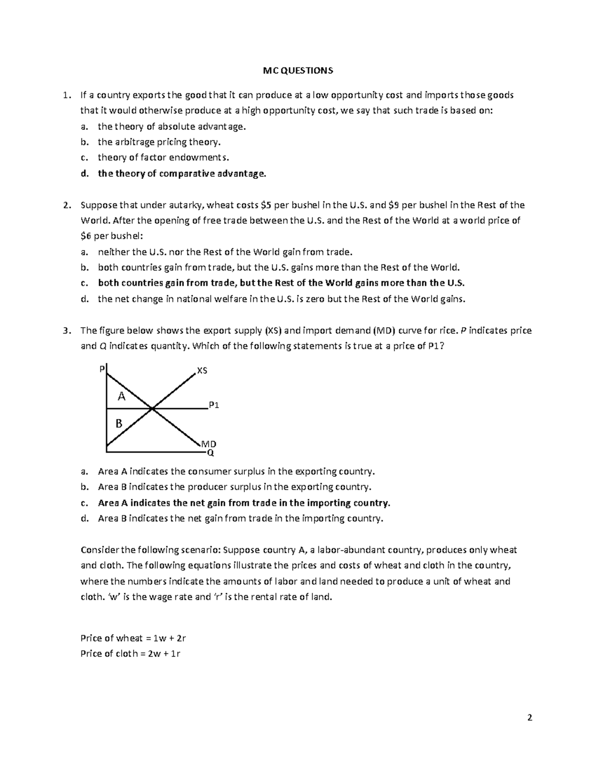 Practice Exam 1: Comparative Advantage & Trade Theory MCQs and Open ...
