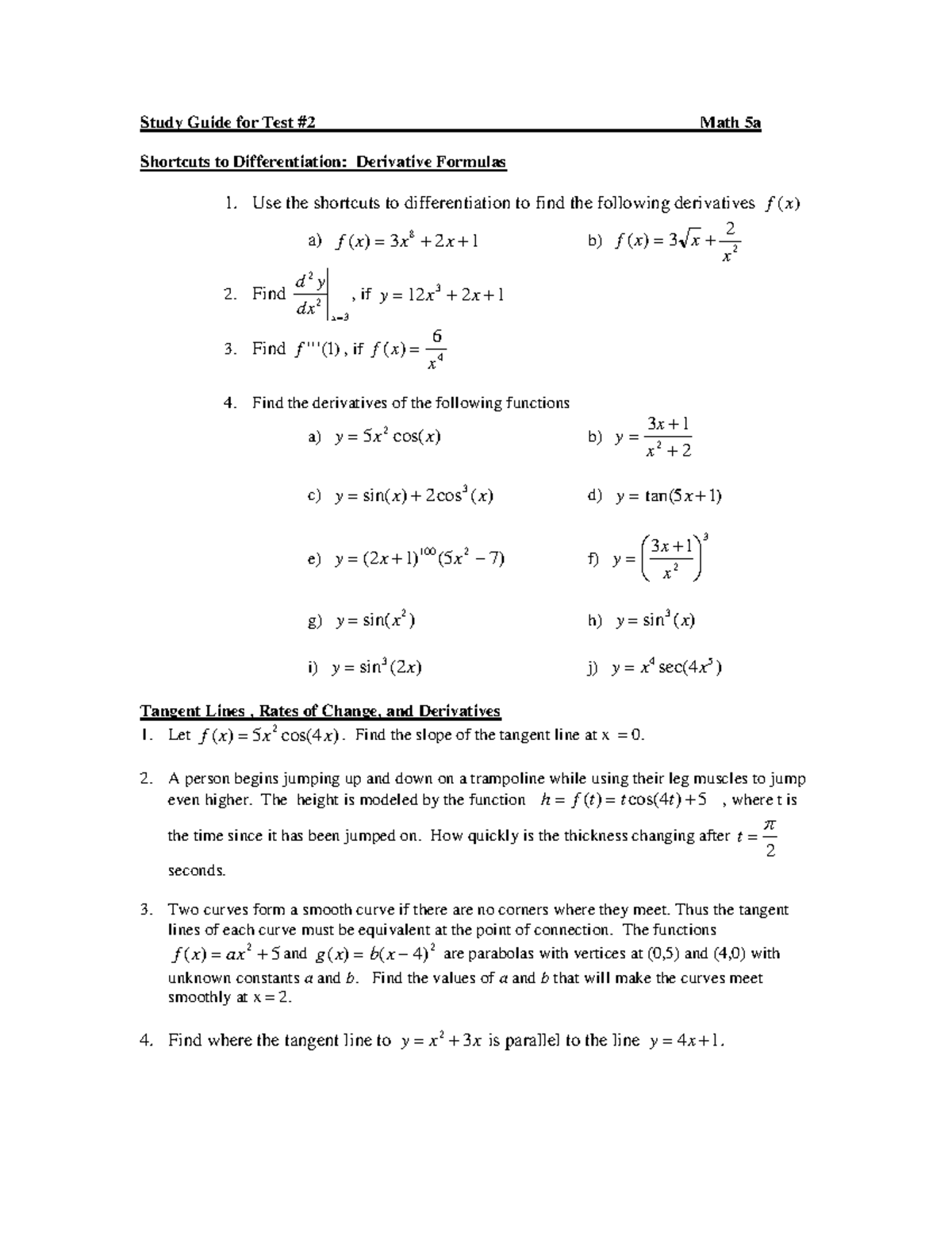 Study Guide for Math 5a: Derivatives & Related Rates (Tests #1 & #2 ...
