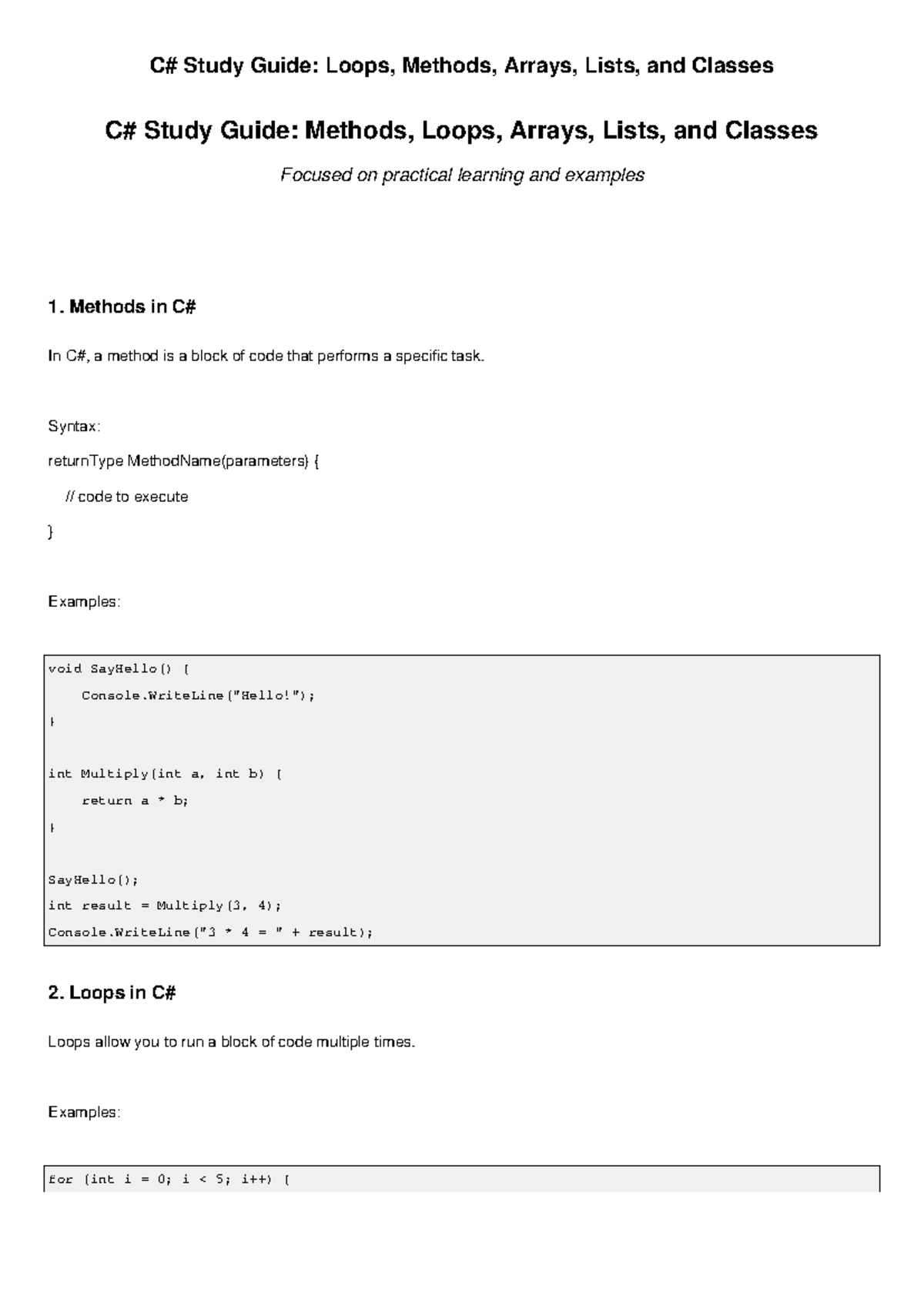 CSharp Full Study Guide: Methods, Loops, Arrays, and Lists - Studocu