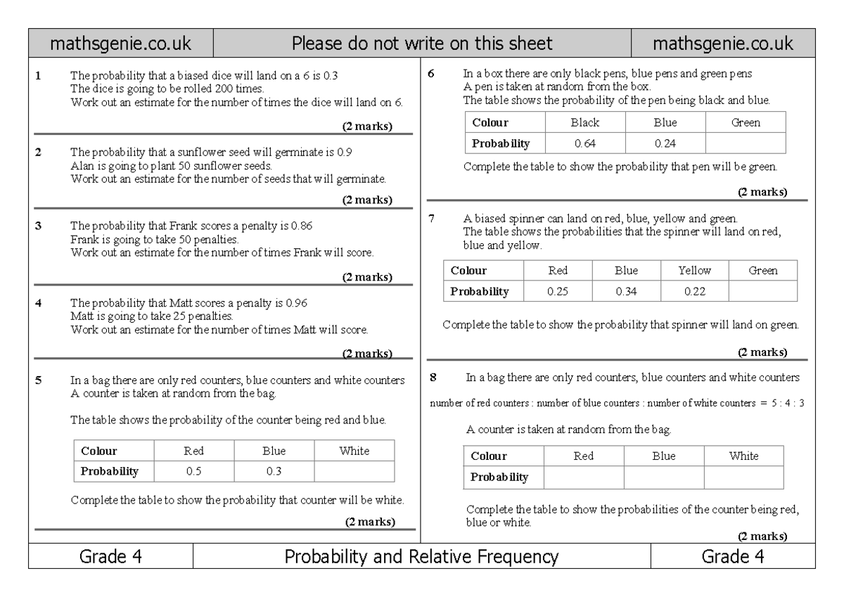 4 probability and relative frequency ws - mathsgenie.co Grade 4 ...