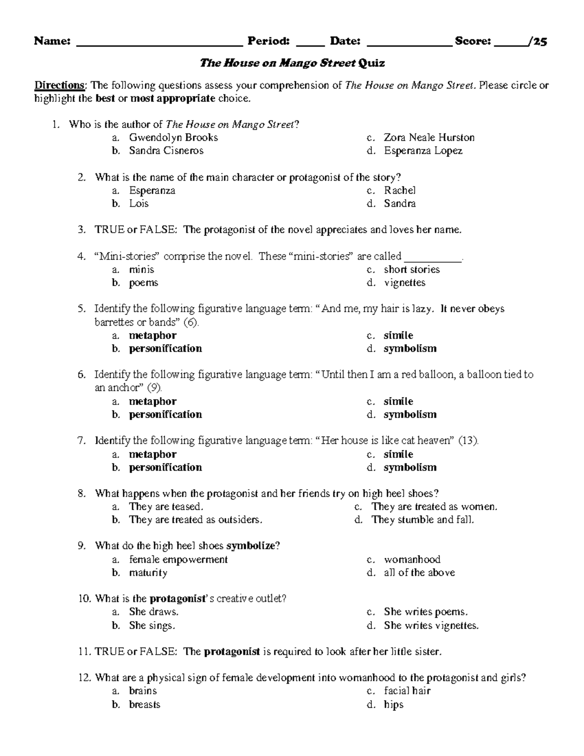 The House on Mango Street (CIS 101) 50 MCQ Comprehension Quiz-1 - Studocu