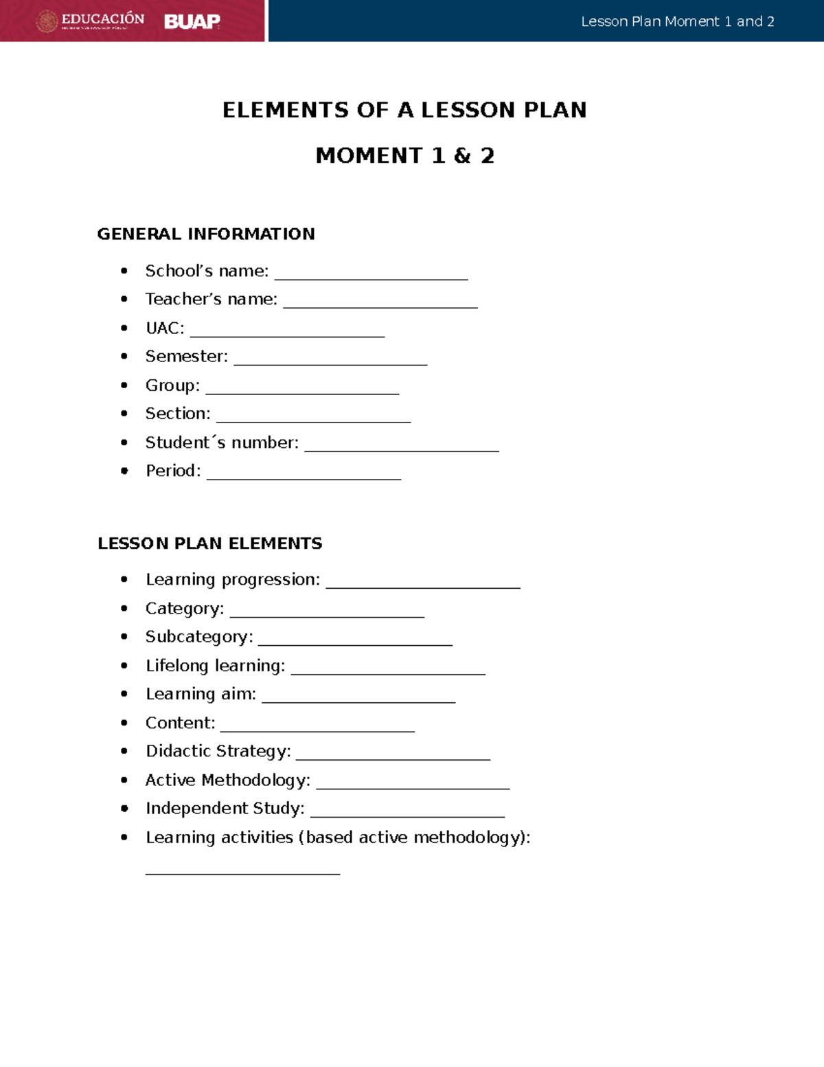 C6 R2 Lesson-plan-moment-1-2 - Lesson Plan Moment 1 and 2 ELEMENTS OF A ...