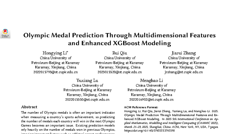 CAMMIC 2025: Olympic Medal Prediction Using Enhanced XGBoost Model - Studocu