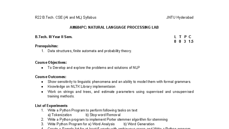 R22 B.Tech. CSE (AI and ML) AM604PC: NLP Lab Syllabus and Experiments ...