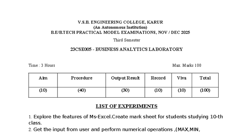 23CSE005 Business Analytics Lab Model Practical Questions 2025 - Studocu