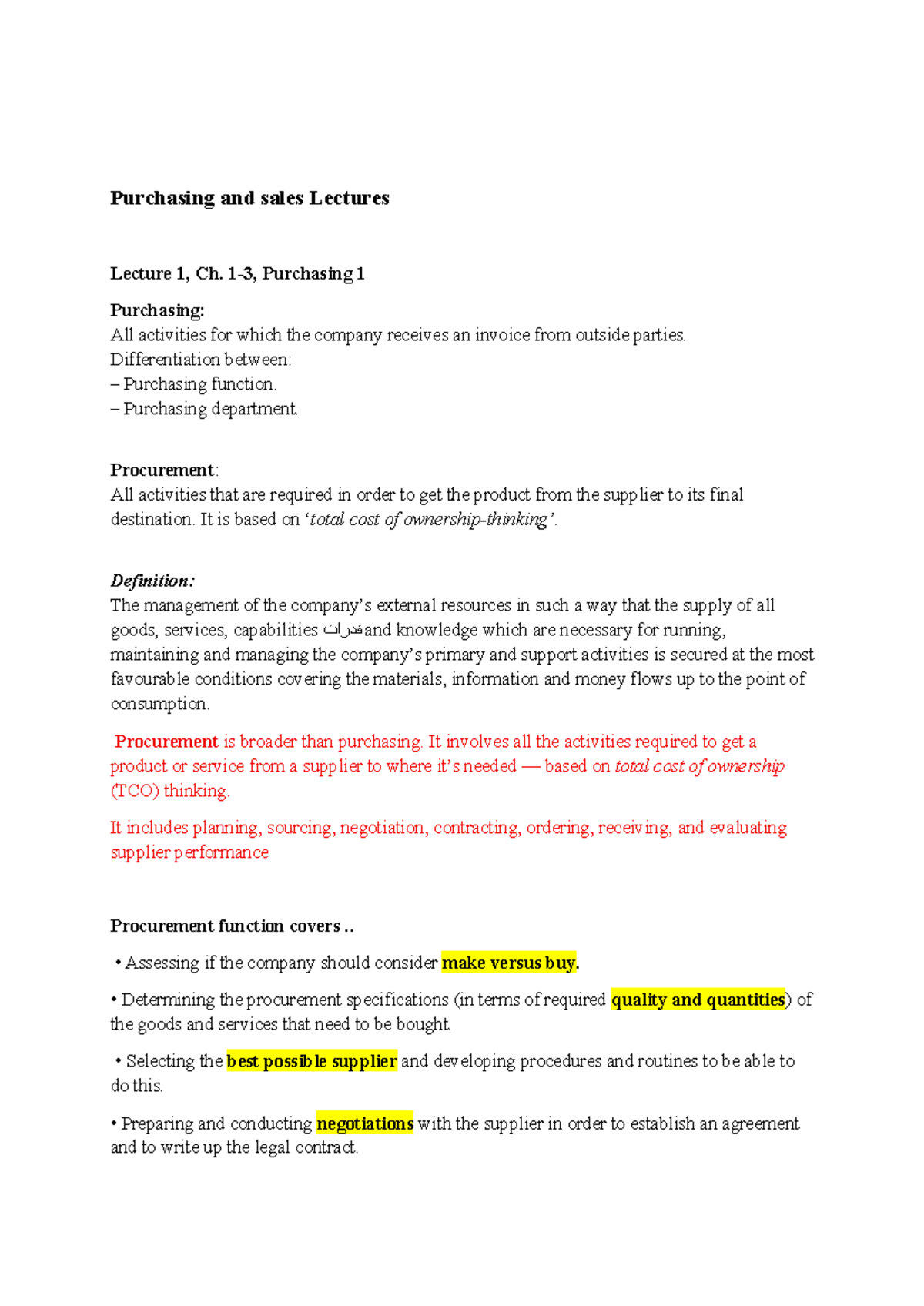 Purchasing and Sales Lectures: Overview and Key Concepts - Studocu