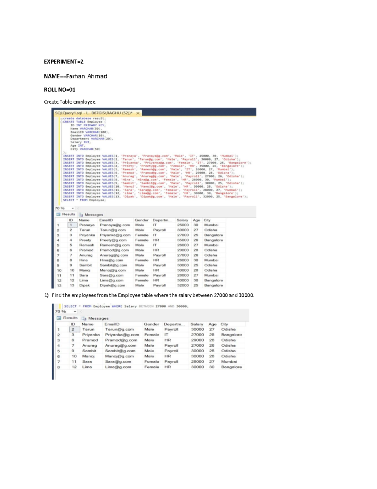 SQL Experiment No: 2 - Employee Table Queries - Studocu