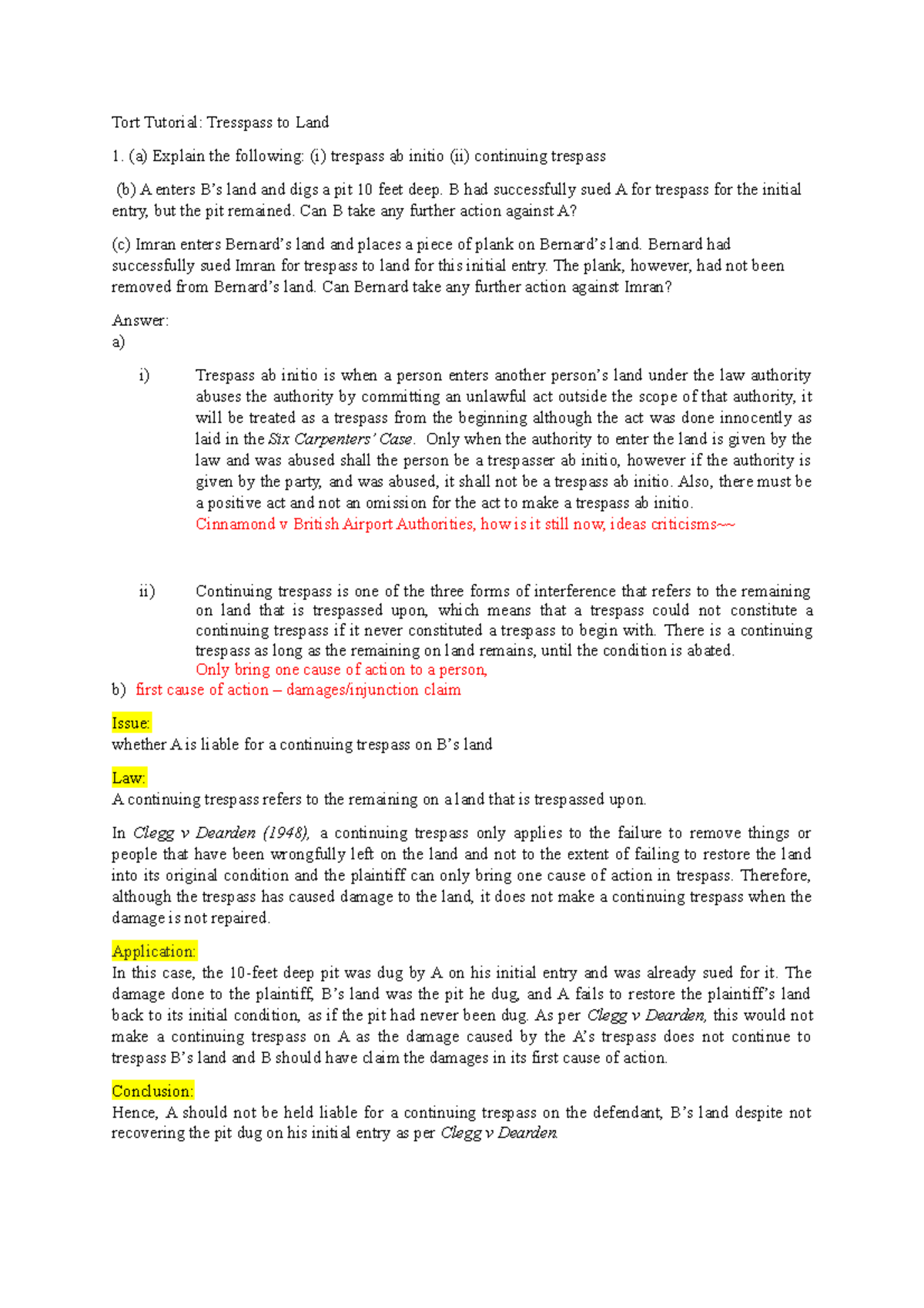 Tort Tutorial: Trespass to Land ILAC Analysis & Case Applications - Studocu